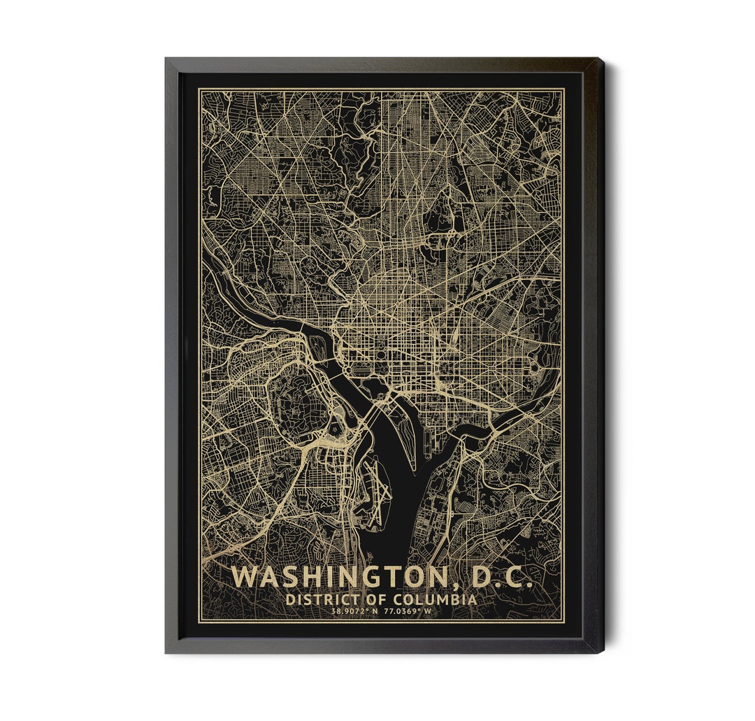 Washington DC Map, Black and Gold, High Resolution Real Gold Leaf ...