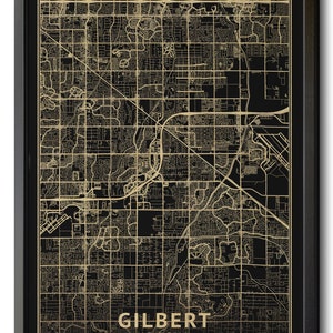 Gilbert Arizona Map, Black, High Resolution Real Gold Leaf Texture ...