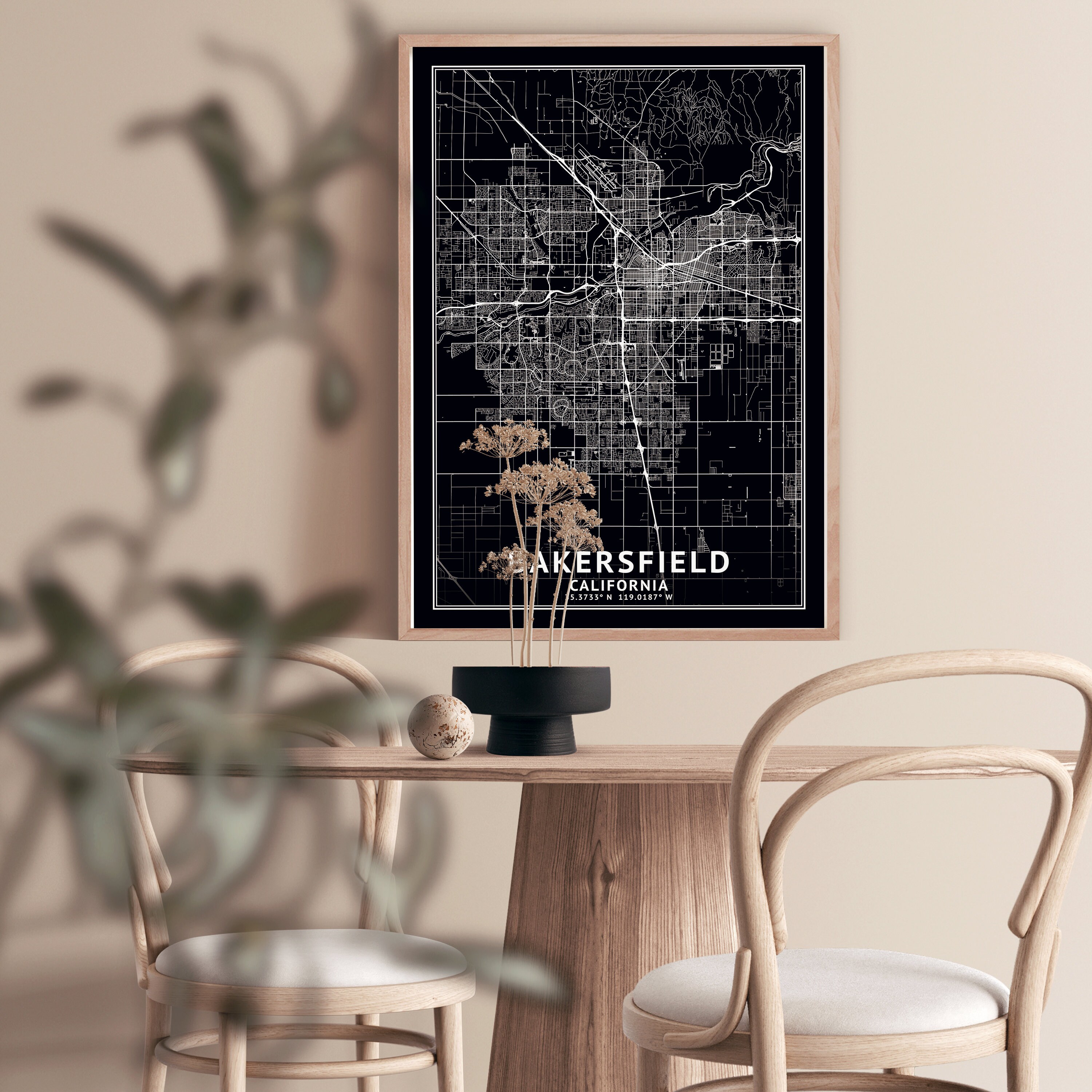 Bakersfield California Map, Black and White, Inverted, Coordinates, Map ...