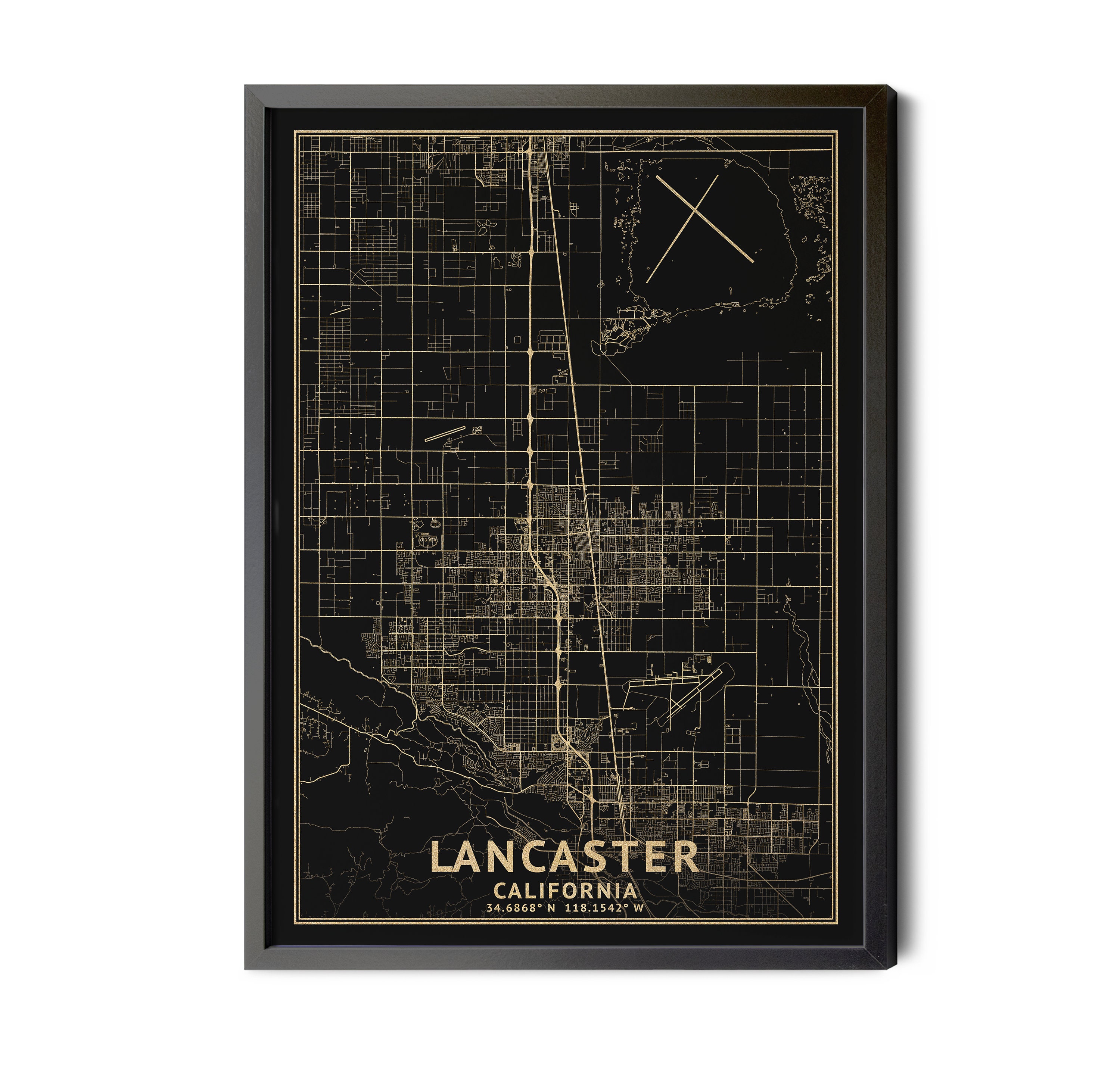 Lancaster California Map, Black, High Resolution Real Gold Leaf Texture ...