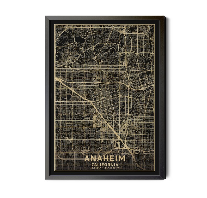 Anaheim California Map, Black, High Resolution Real Gold Leaf Texture ...