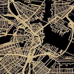 Boston Map, Black, High Resolution Real Gold Leaf Texture, Coordinates ...