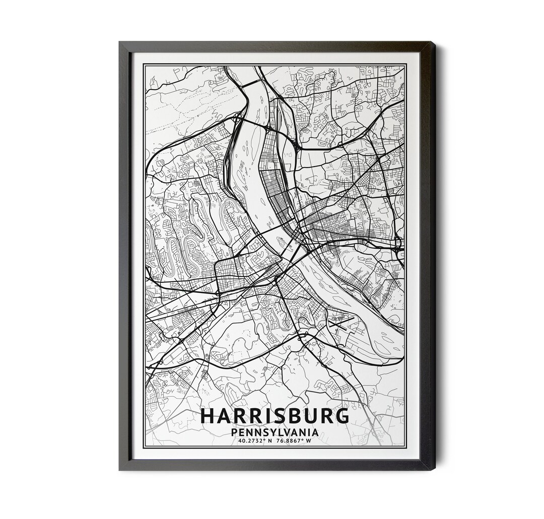 Harrisburg Pennsylvania Map, Black and White, Coordinates, Map of ...