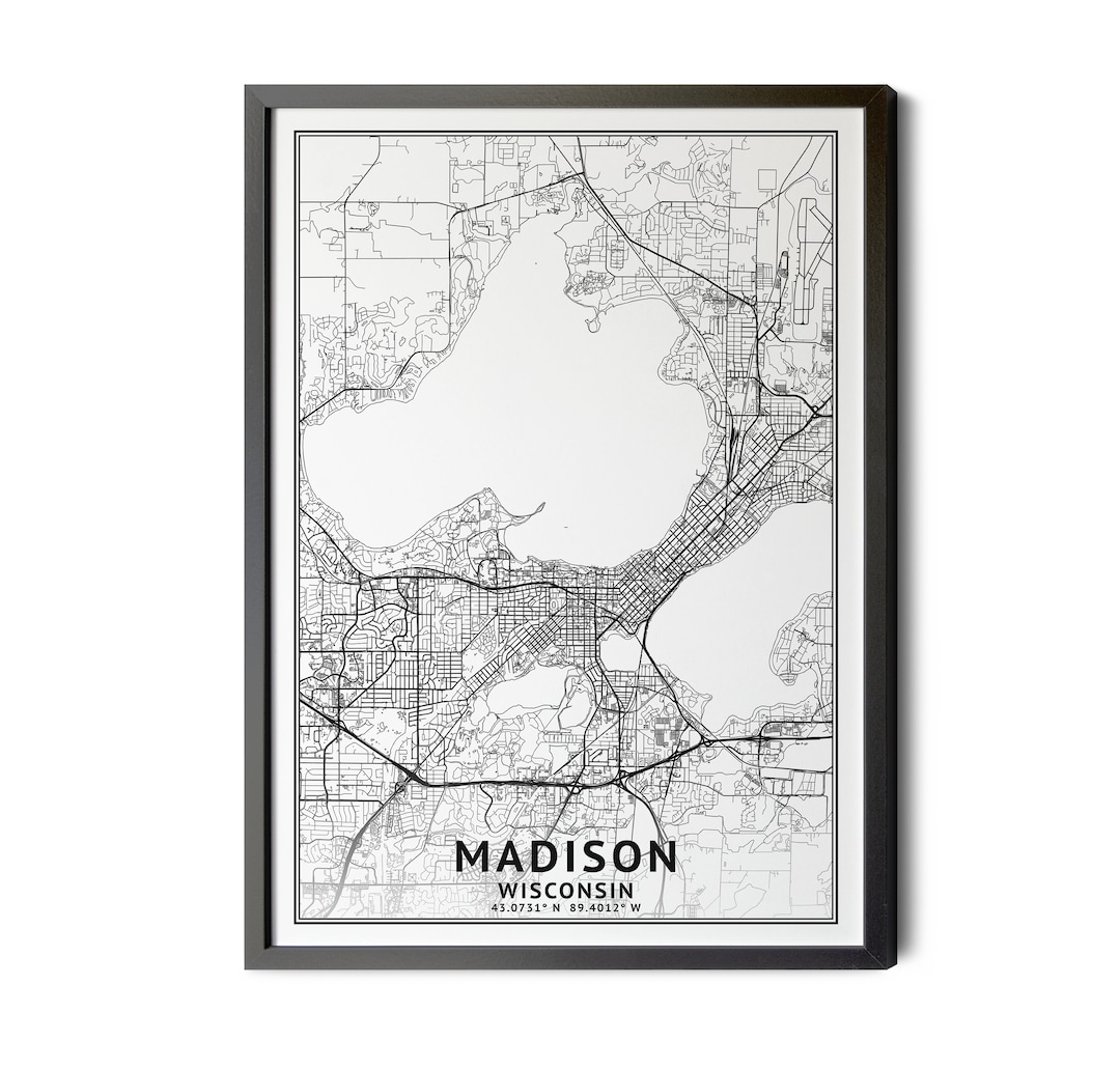 Madison Wisconsin Map, Black and White, Coordinates, Map of Madison ...