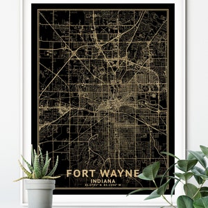 Fort Wayne Indiana Map, Black, High Resolution Real Gold Leaf Texture ...