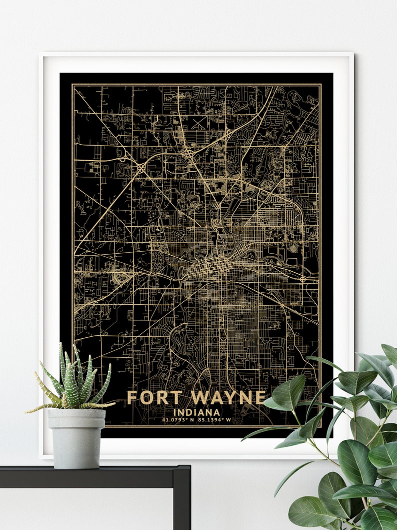 Fort Wayne Indiana Map, Black, High Resolution Real Gold Leaf Texture ...