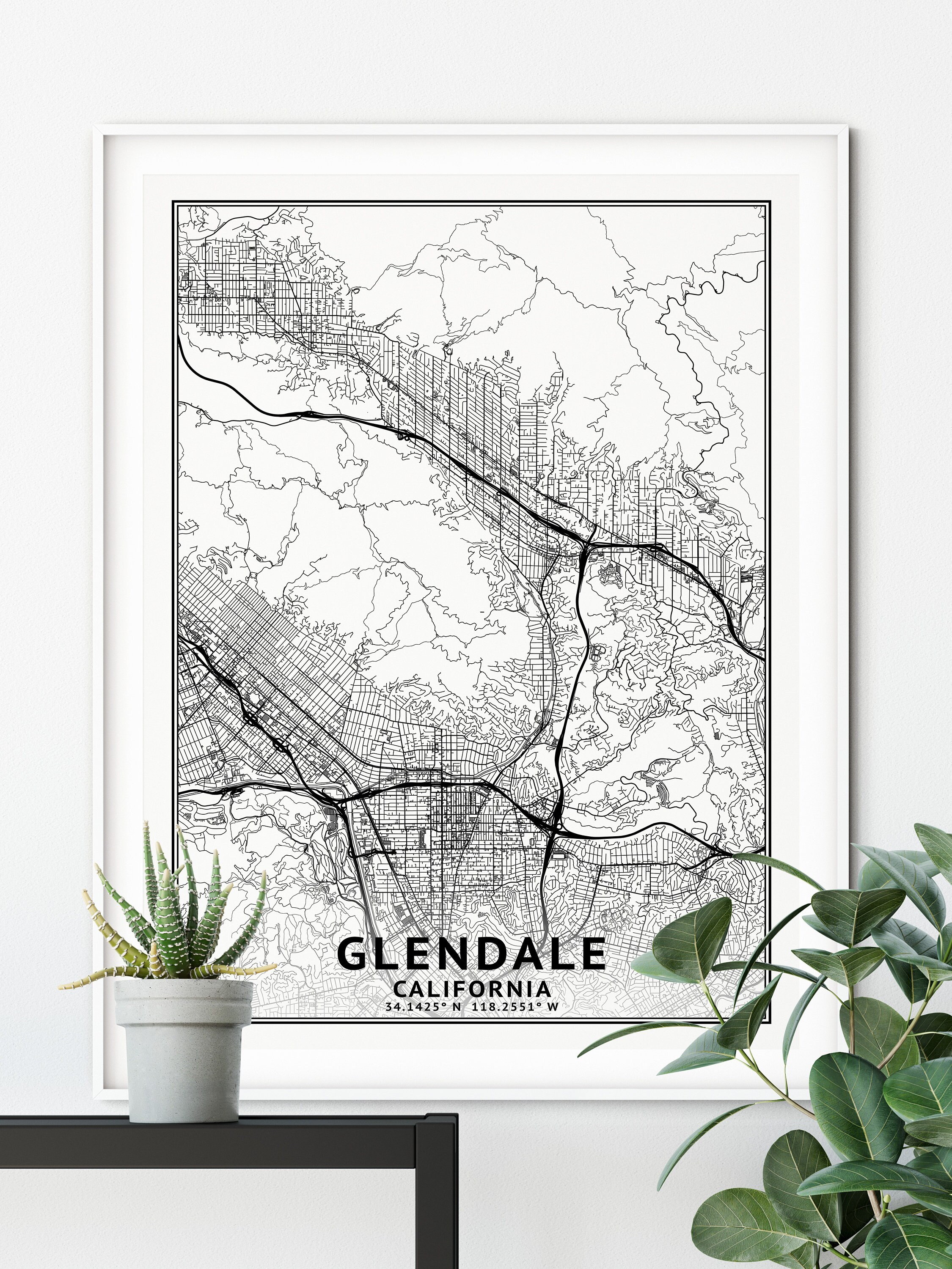 Glendale California Map Black and White Coordinates Map of - Etsy