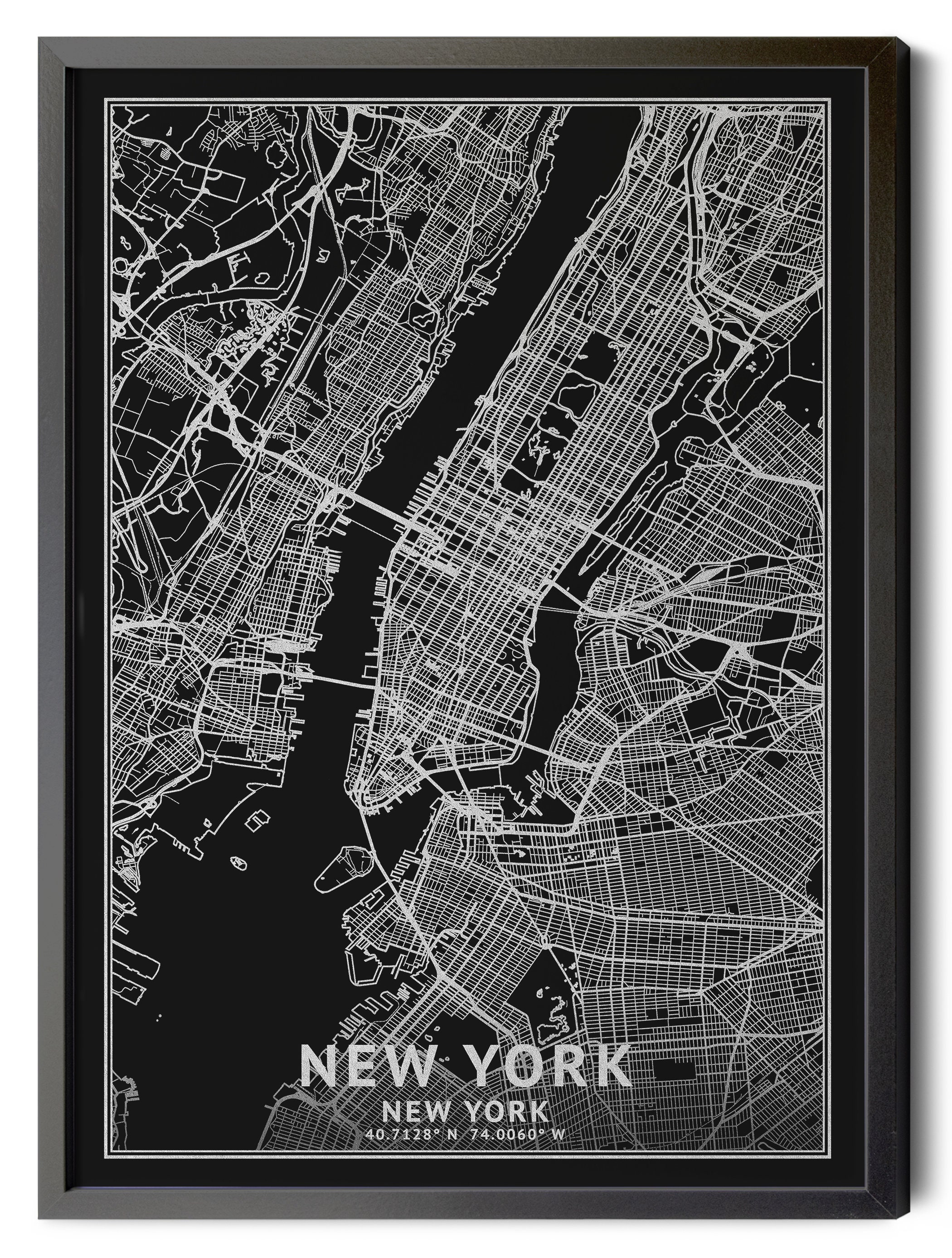 New York City Map, Black, High Resolution Real Silver Leaf Texture ...