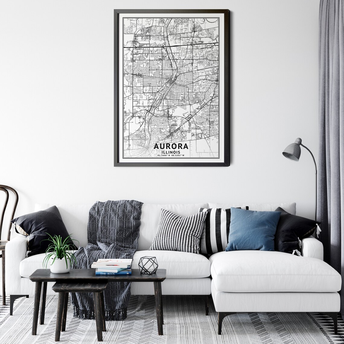 Aurora Illinois Map, Black and White, Coordinates, Map of Aurora ...
