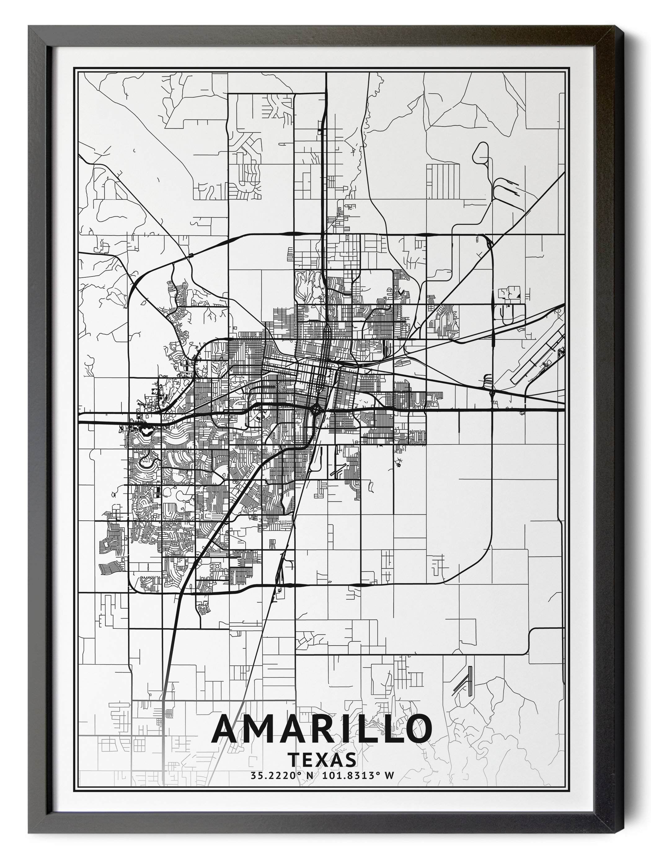Amarillo Texas Map, Black and White, Coordinates, Map of Amarillo ...