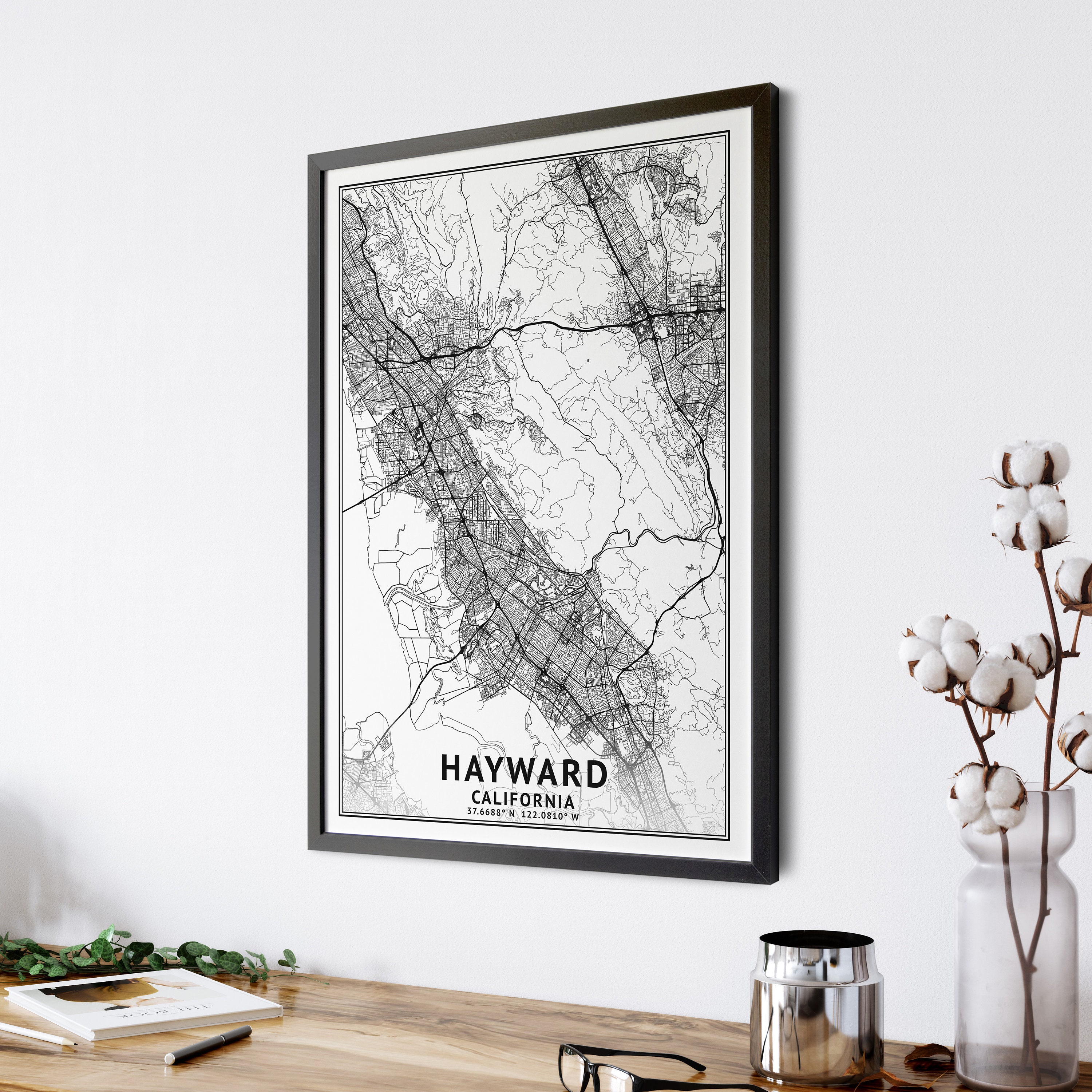 Hayward California Map, Black and White, Coordinates, Map of Hayward ...