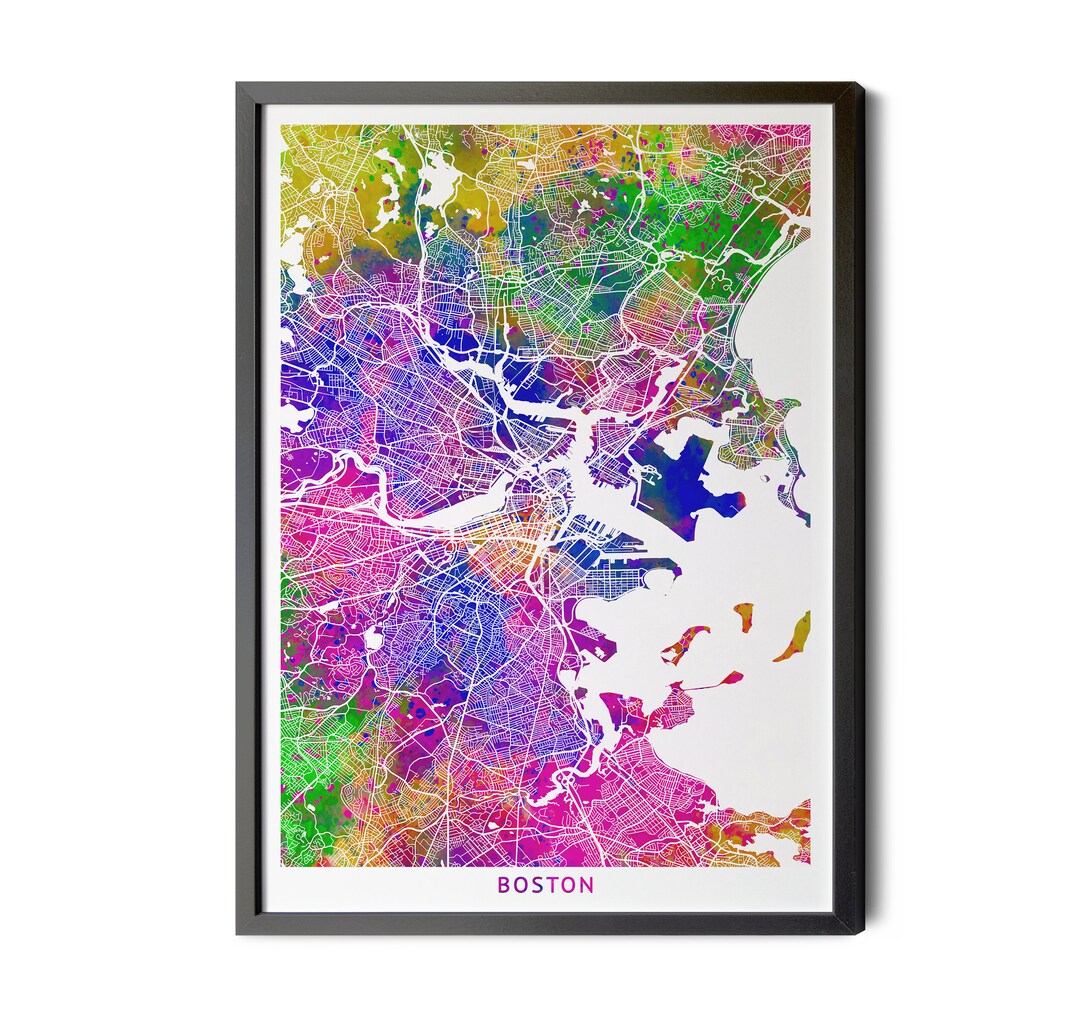 Boston Massachusetts Map, Watercolor Multicolored, Map of Boston ...