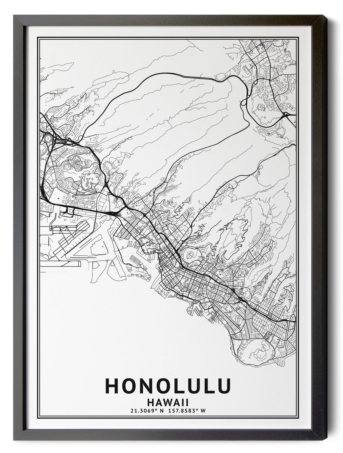 Honolulu Hawaii Map Black and White Coordinates Map of | Etsy