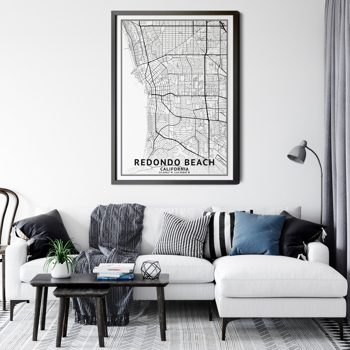 Redondo Beach California Map, Black and White, Coordinates, Map of ...