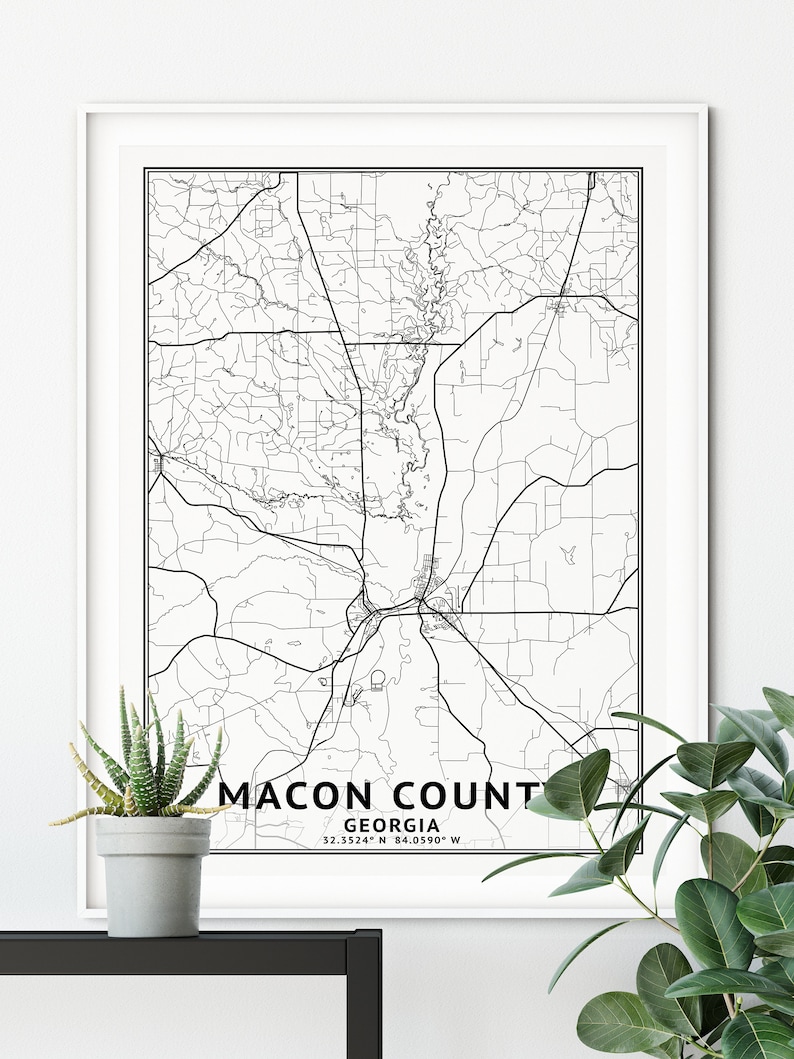 Macon County Georgia Map, Black and White, Coordinates, Map of Macon ...