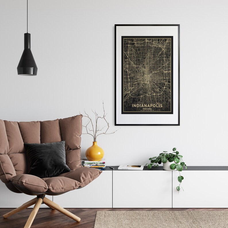 Indianapolis Indiana Map, Black, High Resolution Real Gold Leaf Texture ...