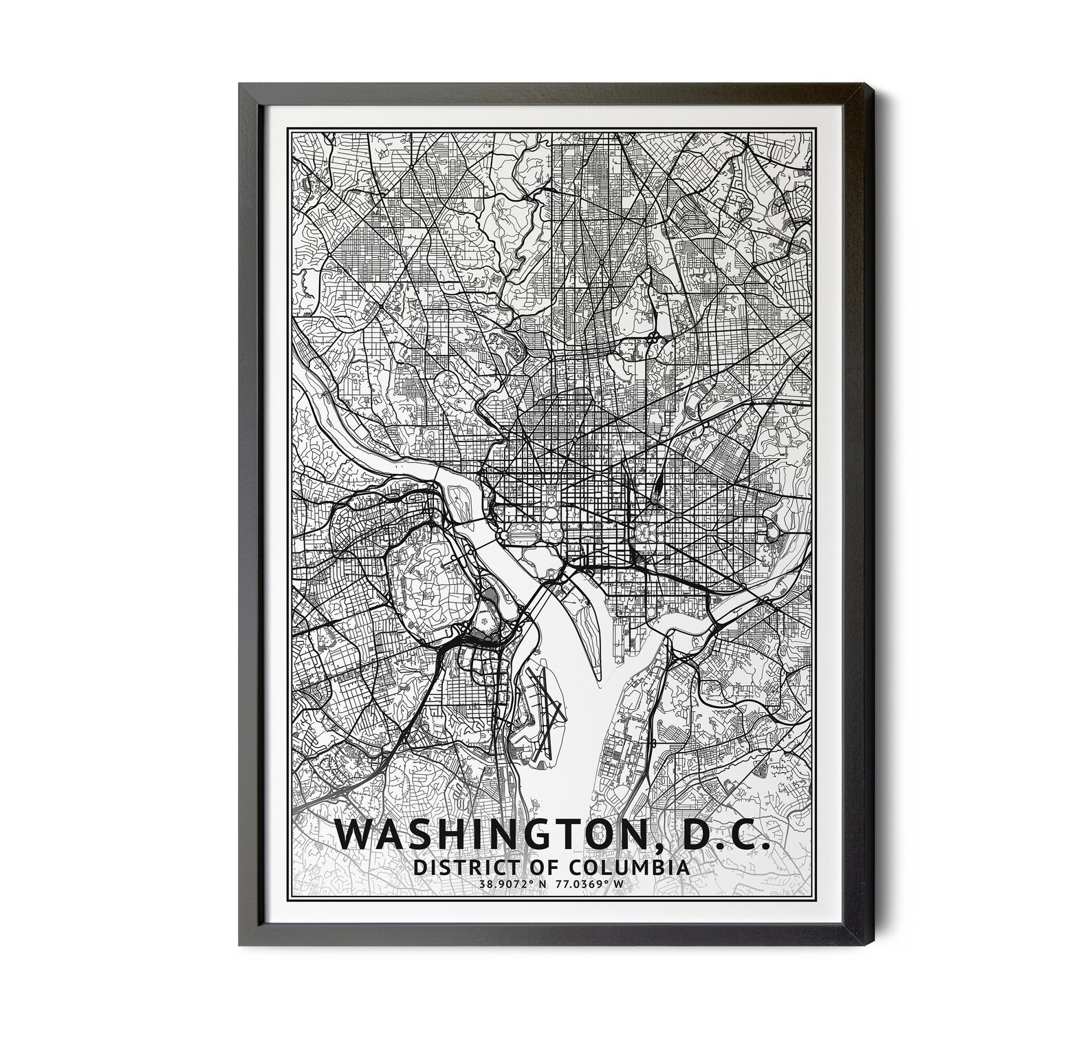 Washington DC Map, Black and White, Coordinates, Washington DC Poster ...