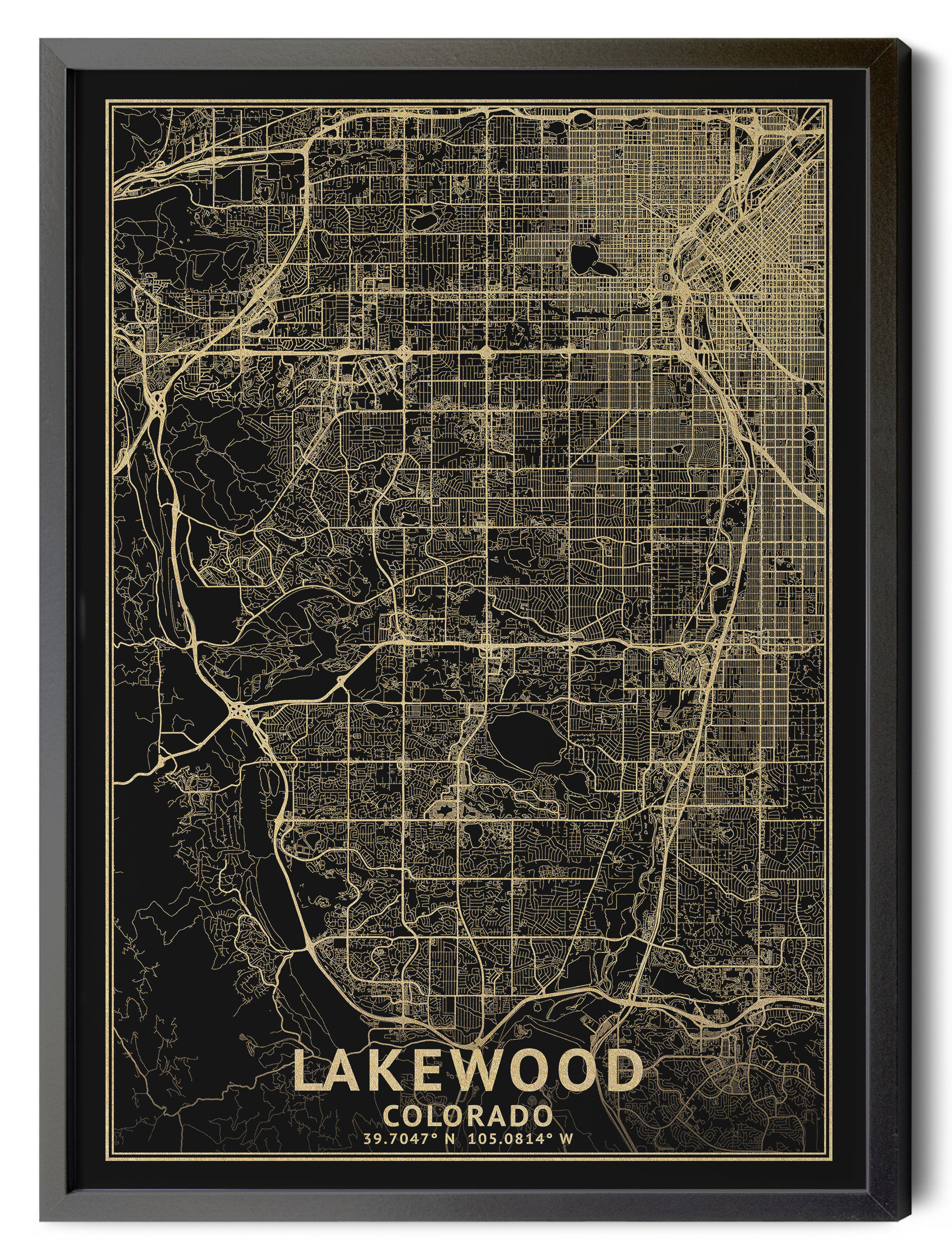 Lakewood Colorado Map, Black, High Resolution Real Gold Leaf Texture ...