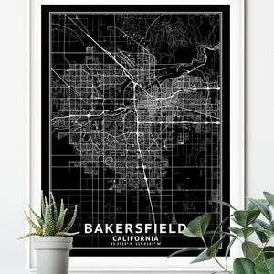 Bakersfield California Map, Black and White, Inverted, Coordinates, Map ...