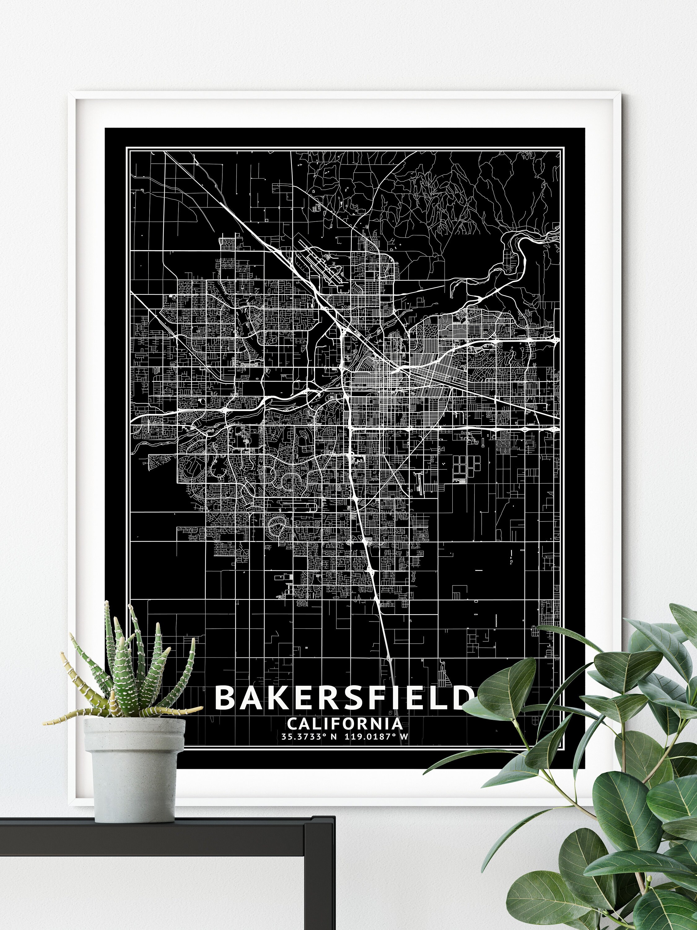 Bakersfield California Map Black and White Inverted - Etsy