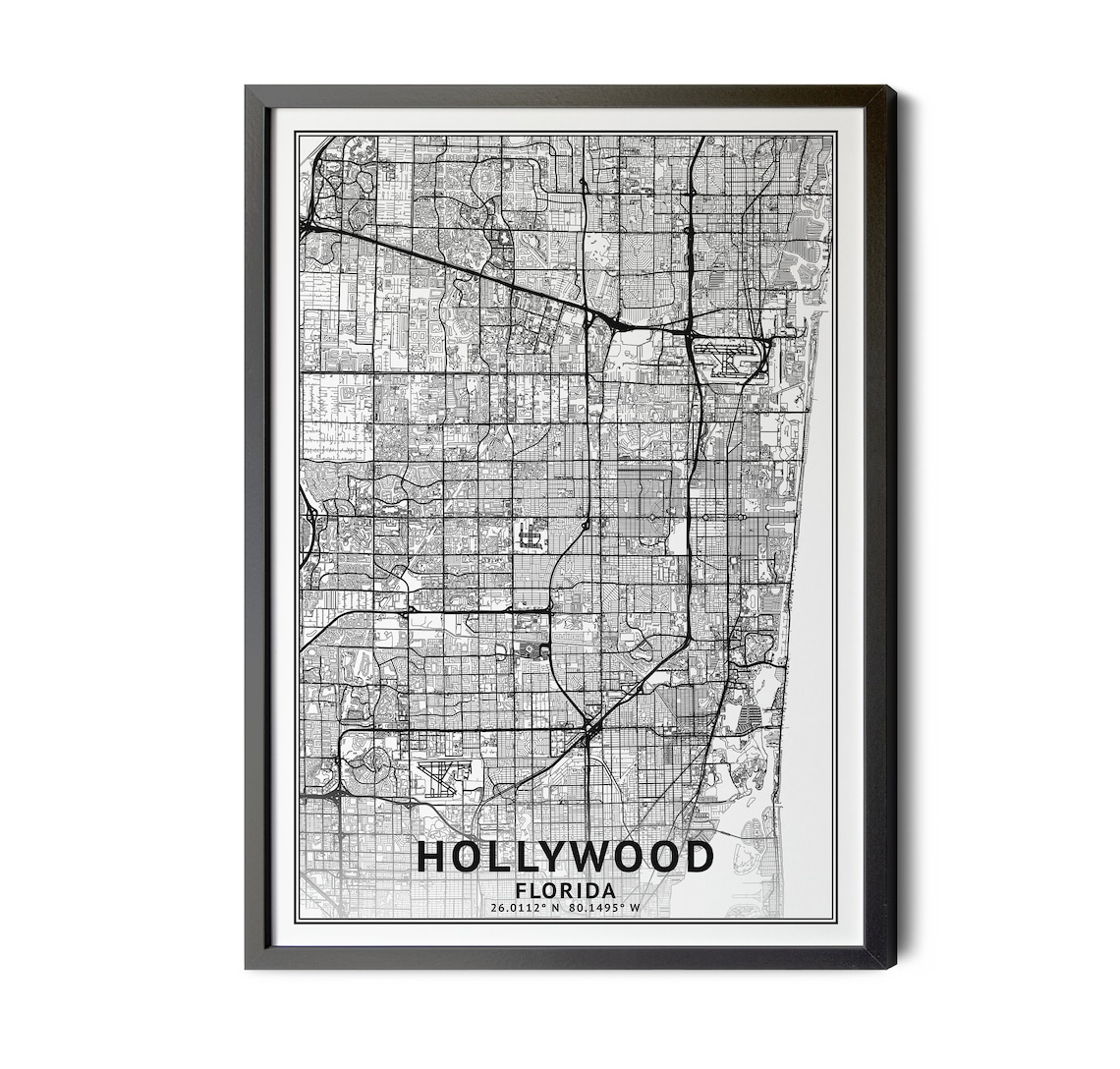 Hollywood Florida Map, Black and White, Coordinates, Map of Hollywood ...