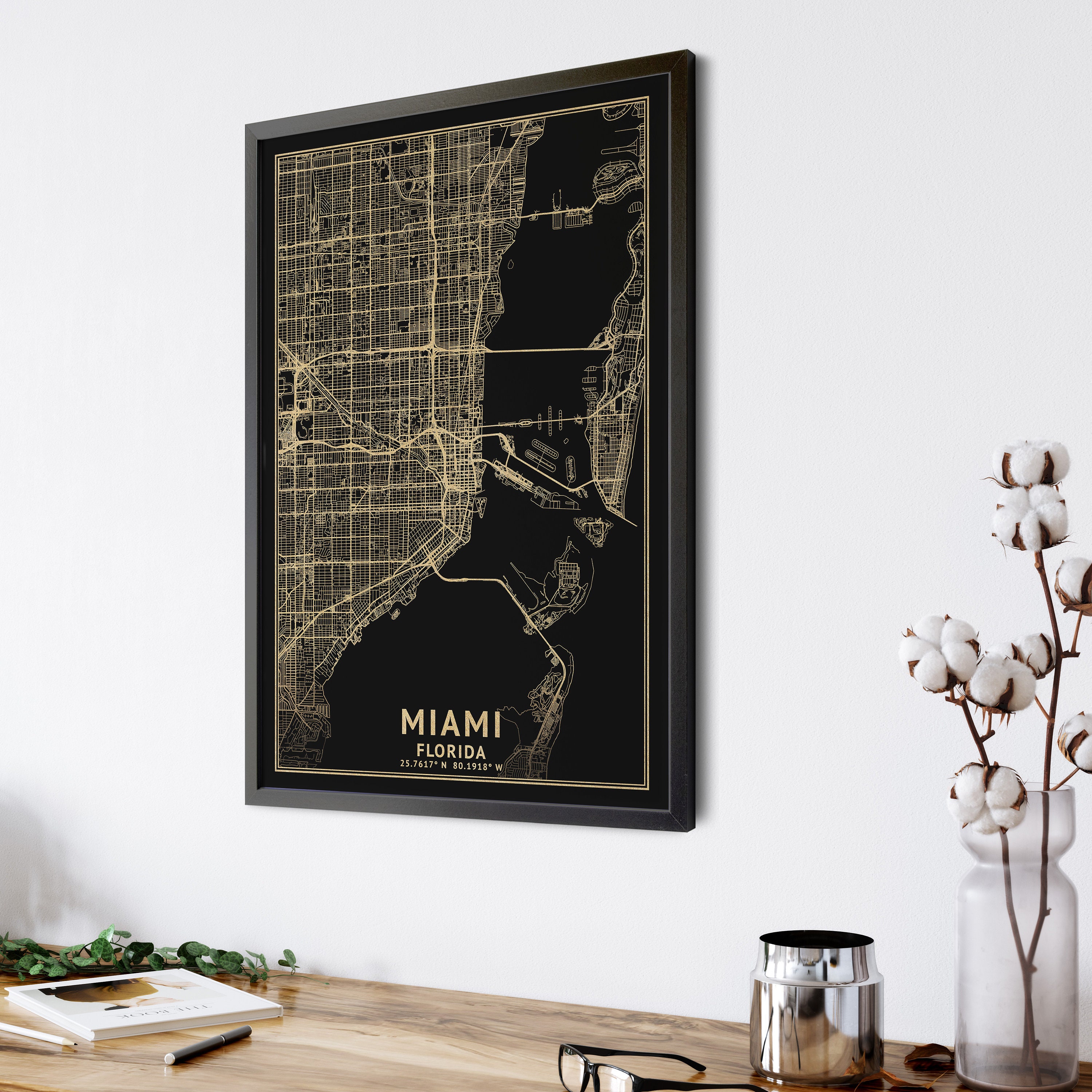Miami Florida Map, Black, High Resolution Real Gold Leaf Texture ...