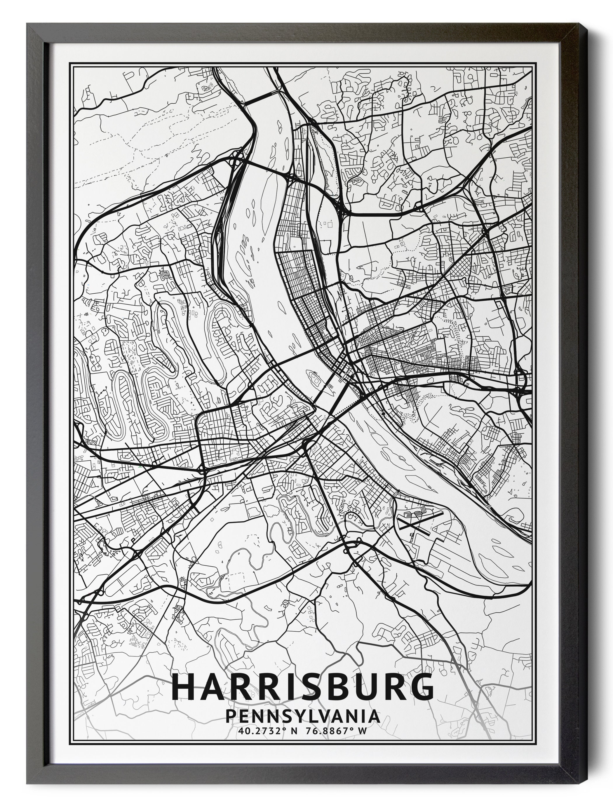 Harrisburg Pennsylvania Map, Black and White, Coordinates, Map of ...