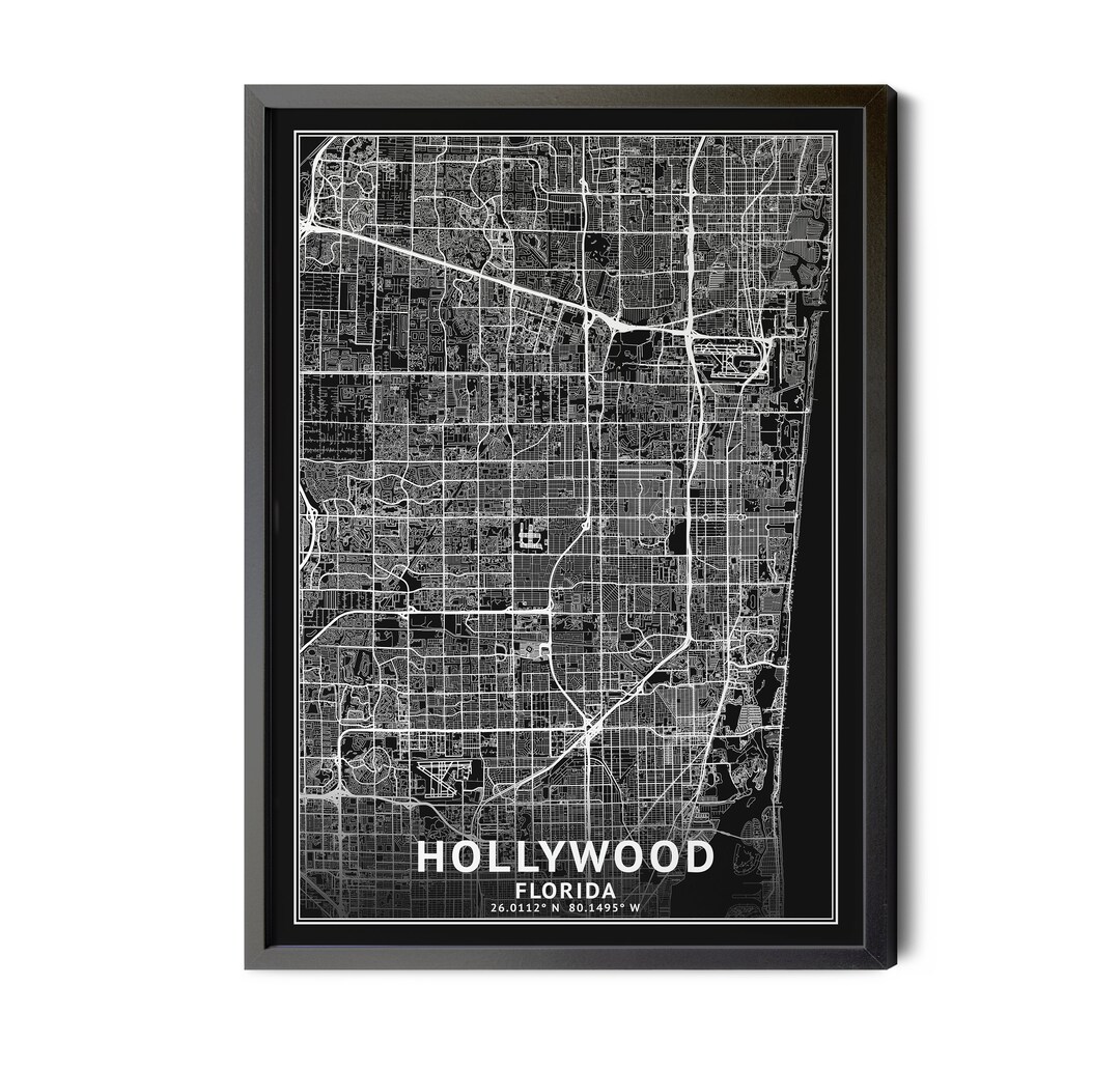 Hollywood Florida Map, Black and White, Inverted, Coordinates, Map of ...