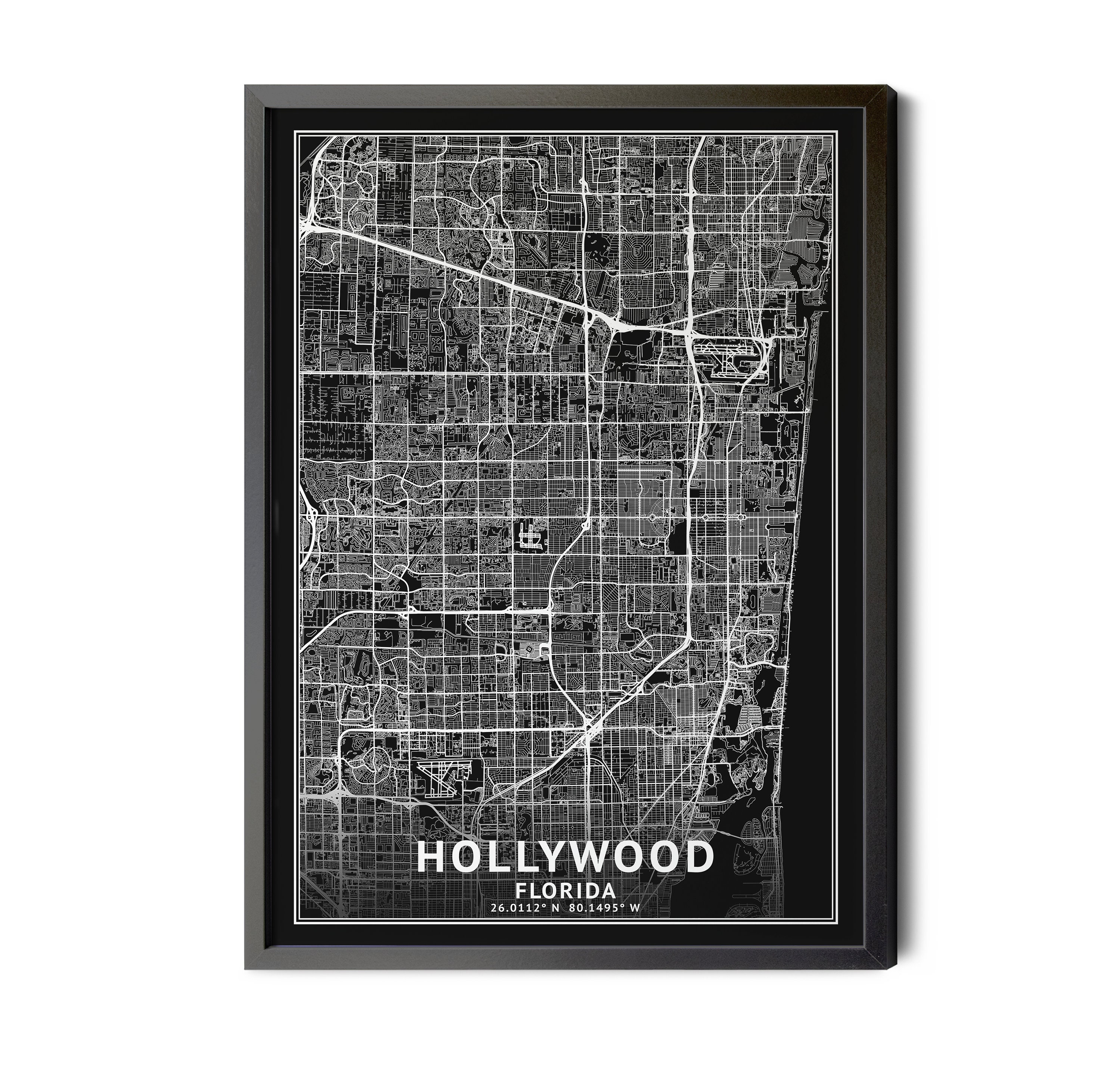 Hollywood Florida Map Black and White Inverted Coordinates - Etsy