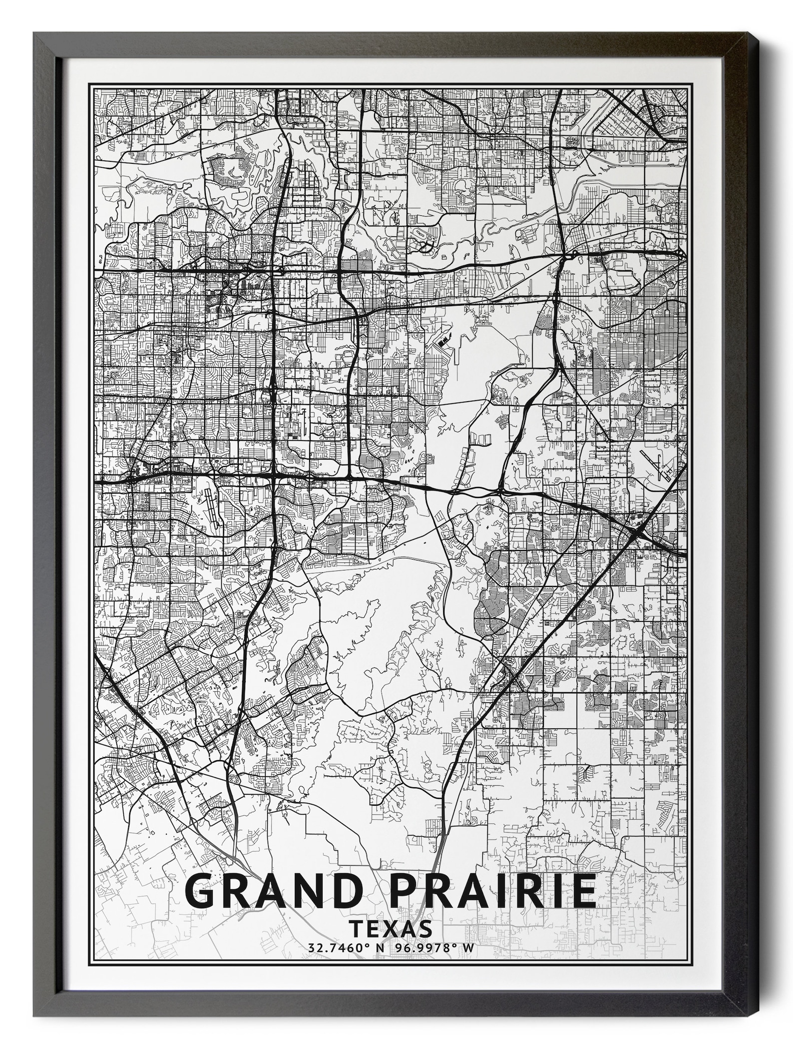 Grand Prairie Texas Map, Black and White, Coordinates, Map of Grand ...