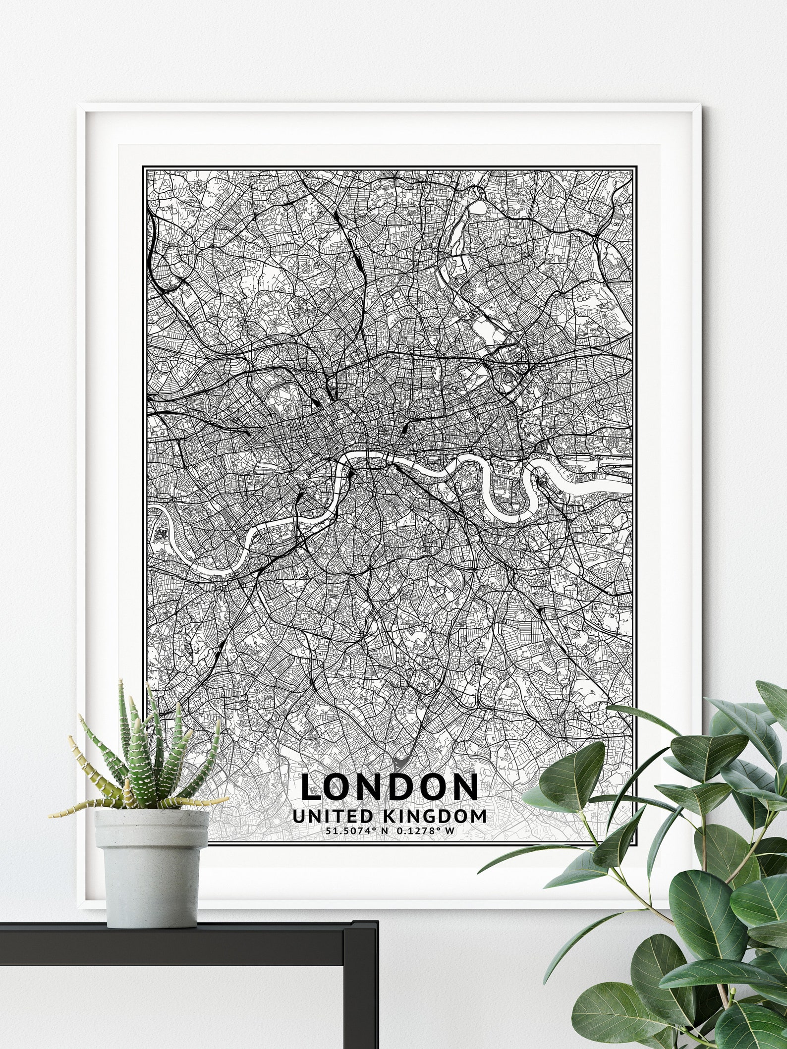 London United Kingdom Map, Black and White, Coordinates, Map of London ...