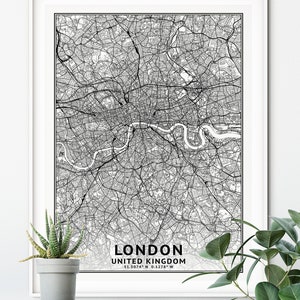 London United Kingdom Map, Black and White, Coordinates, Map of London ...