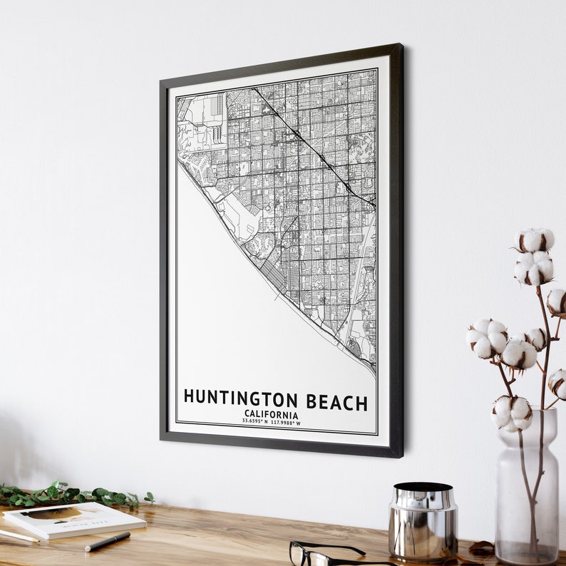 Huntington Beach California Map, Black and White, Coordinates, Map of ...
