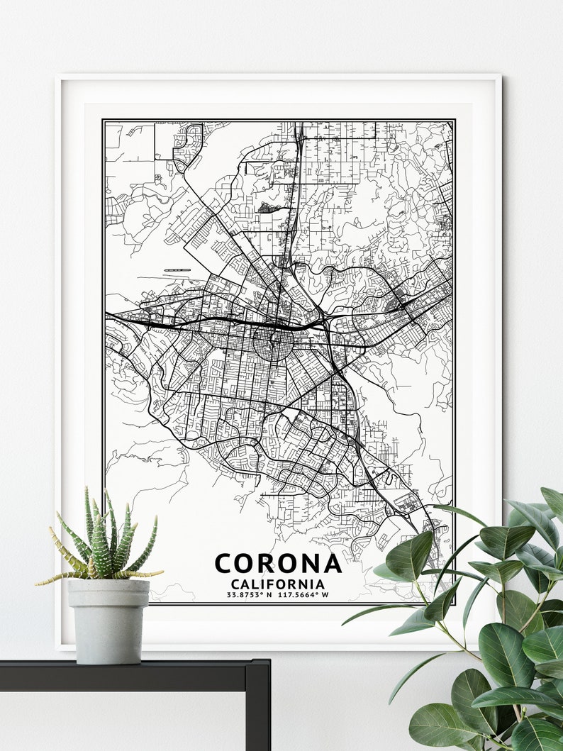 Corona California Map Black and White Coordinates Map of - Etsy