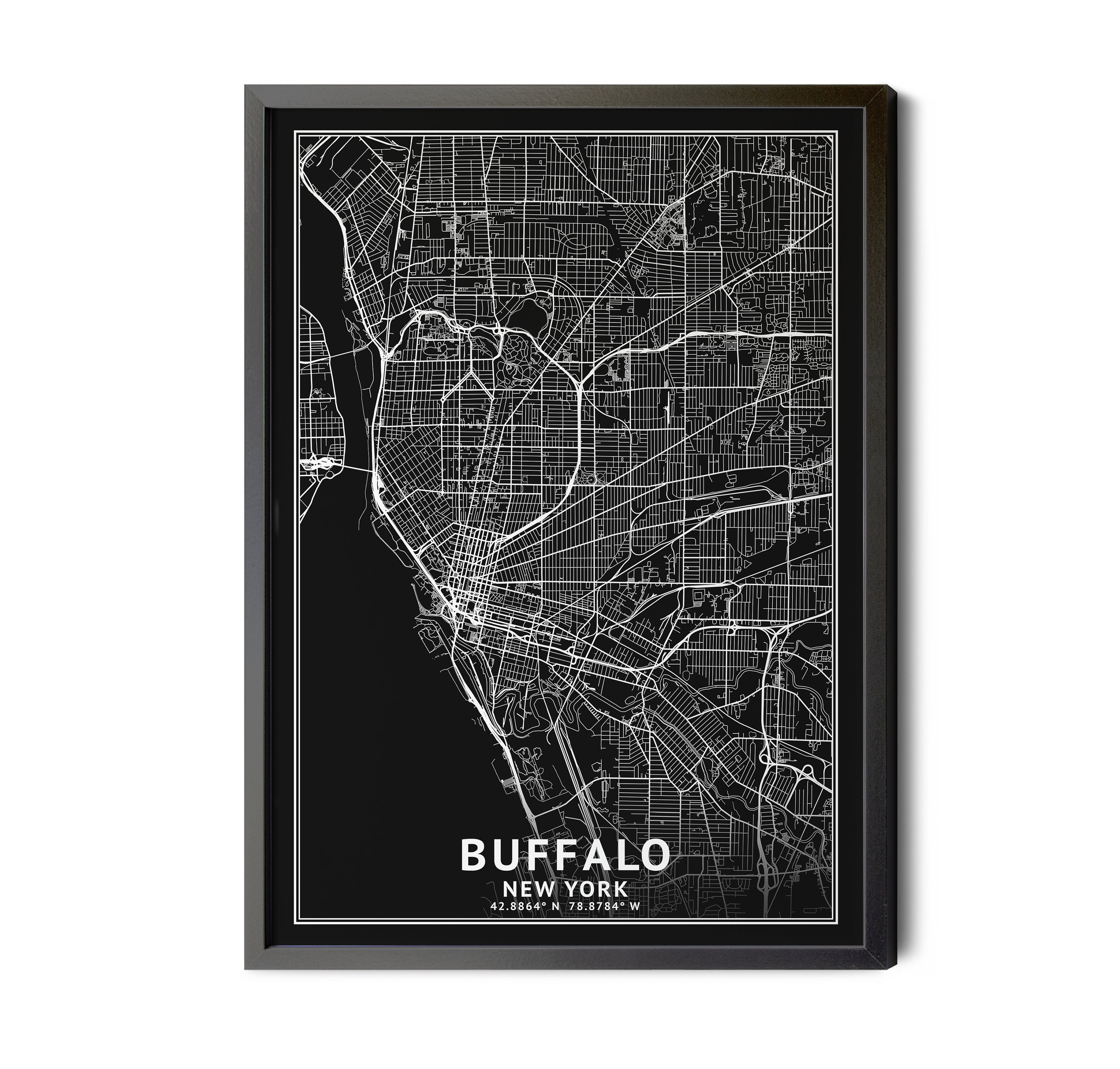 Buffalo New York Map, Black and White, Inverted, Coordinates, Map of ...