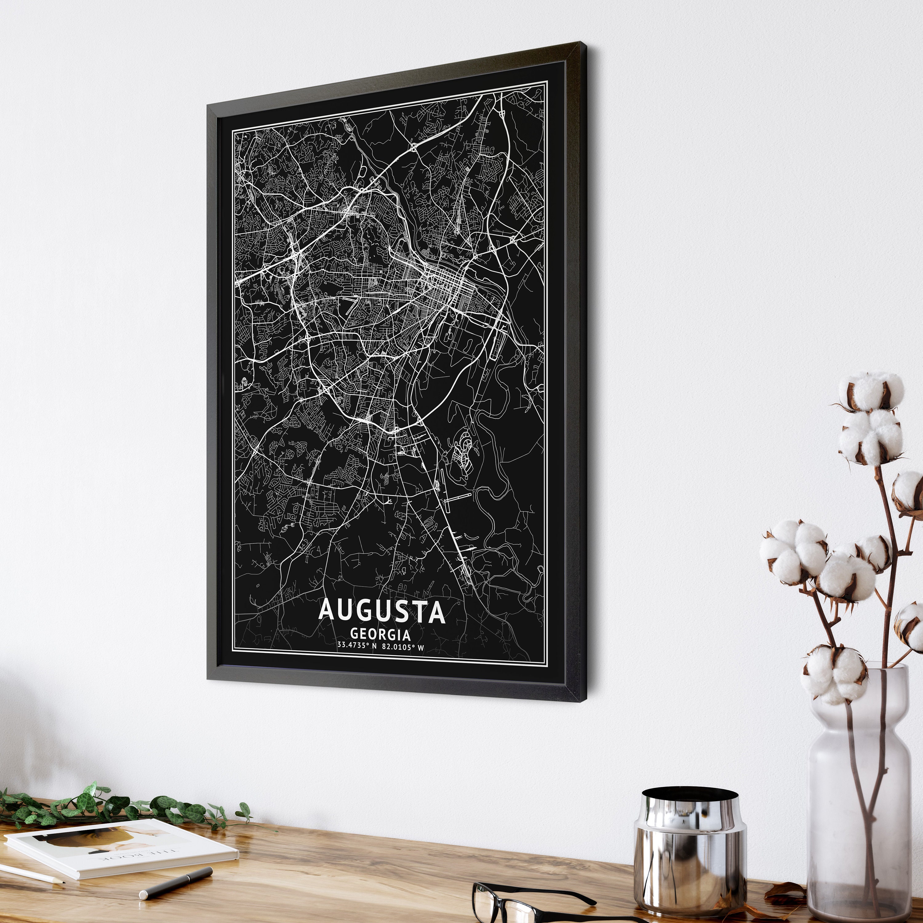 Augusta Georgia Map, Black and White, Inverted, Coordinates, Map of ...