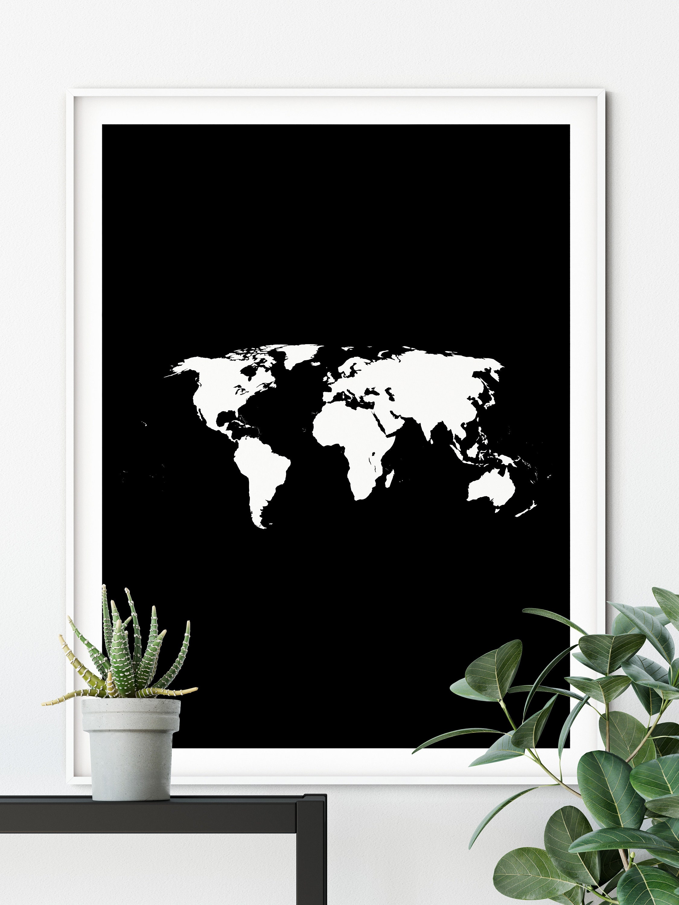 World Map Black and White Inverted World Map Wall Art | Etsy