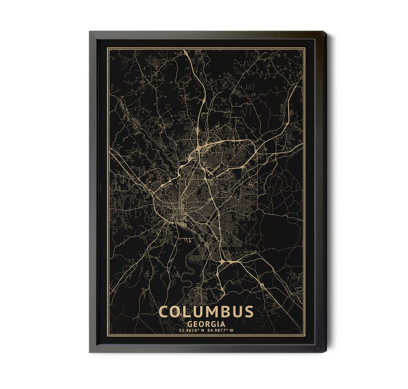 Columbus Georgia Map, Black, High Resolution Real Gold Leaf Texture ...