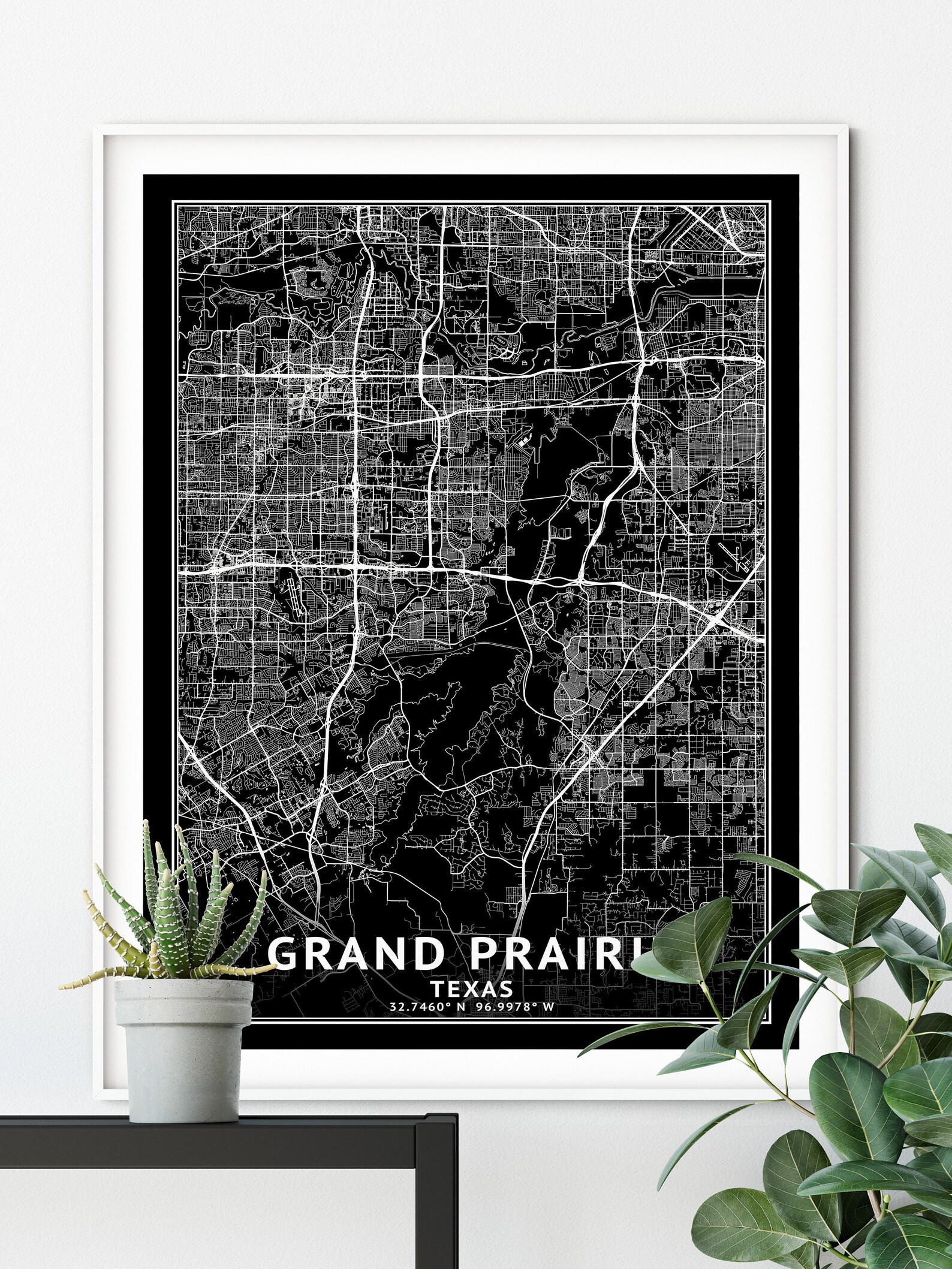 Grand Prairie Texas Map, Black and White, Inverted, Coordinates, Map of ...