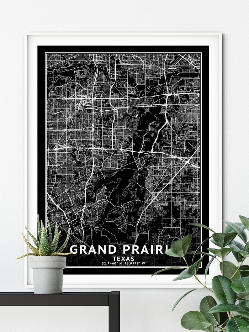 Grand Prairie Texas Map, Black and White, Inverted, Coordinates, Map of ...
