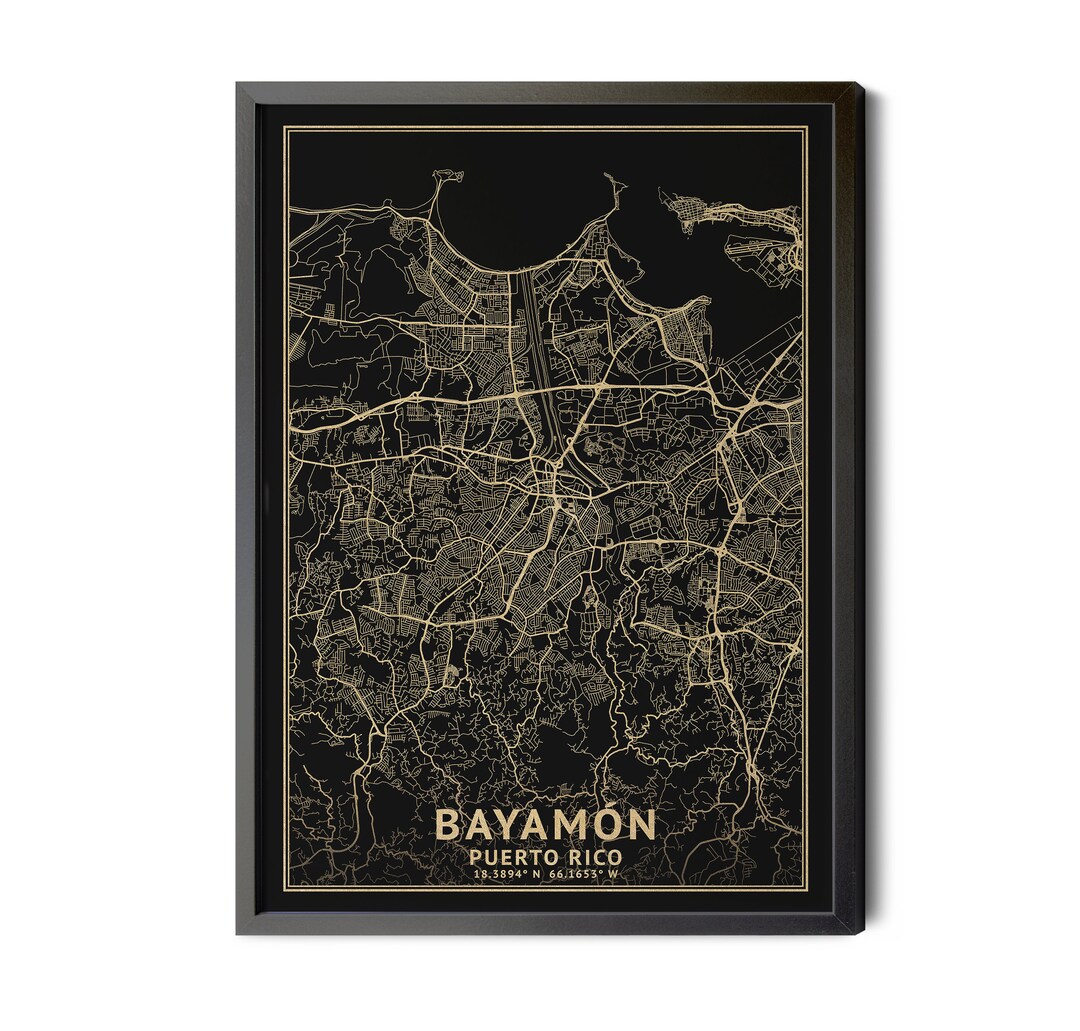 Bayamon Puerto Rico Map, Black, High Resolution Real Gold Leaf Texture ...