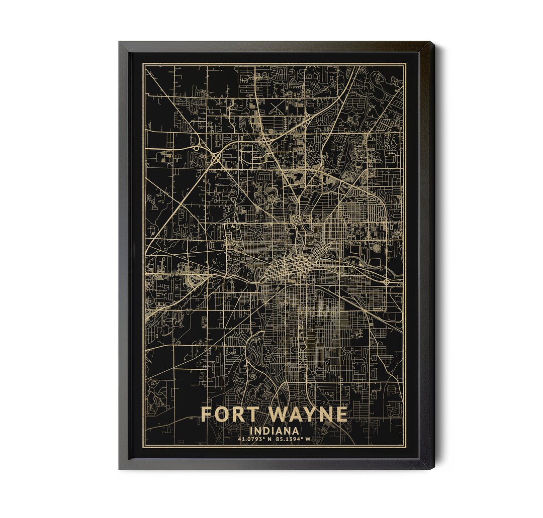 Fort Wayne Indiana Map, Black, High Resolution Real Gold Leaf Texture ...