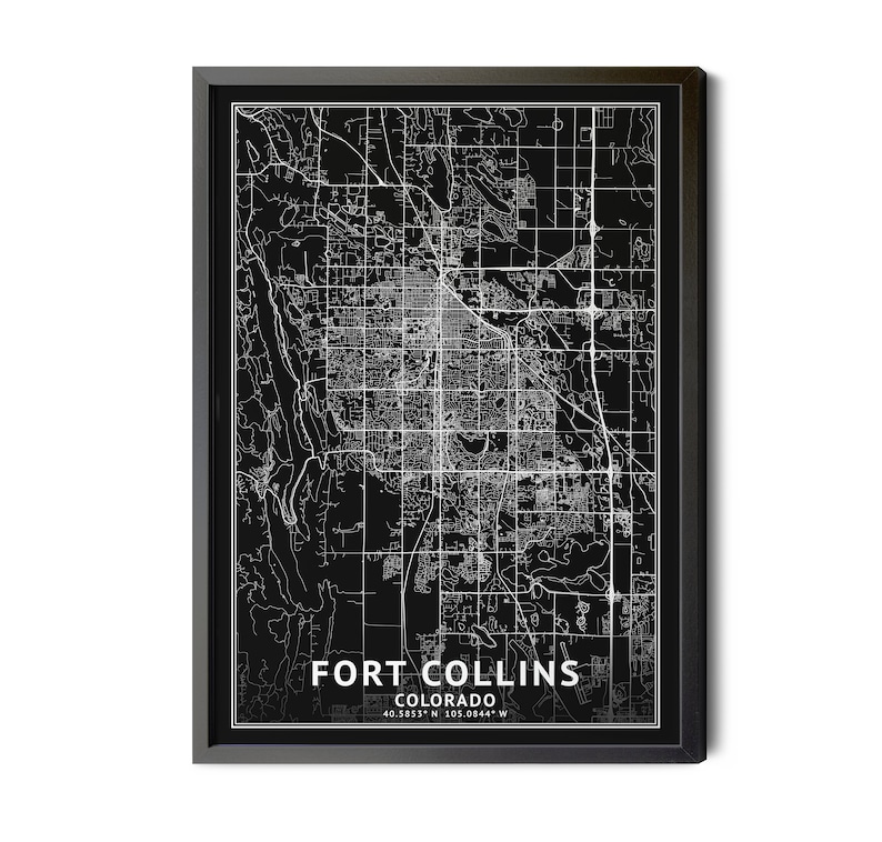 Fort Collins Colorado Map, Black and White, Inverted, Coordinates, Map ...