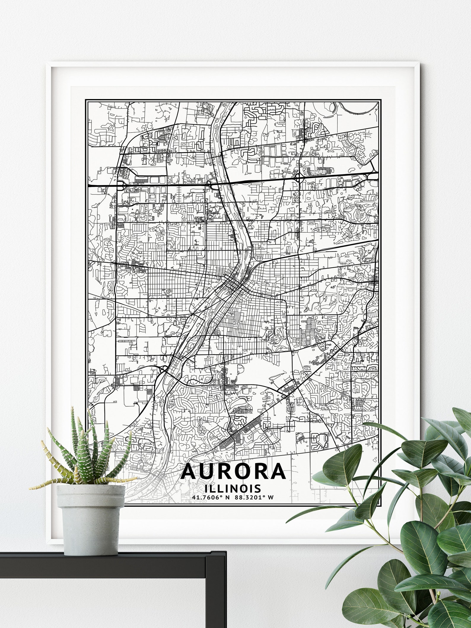Aurora Illinois Map, Black and White, Coordinates, Map of Aurora ...