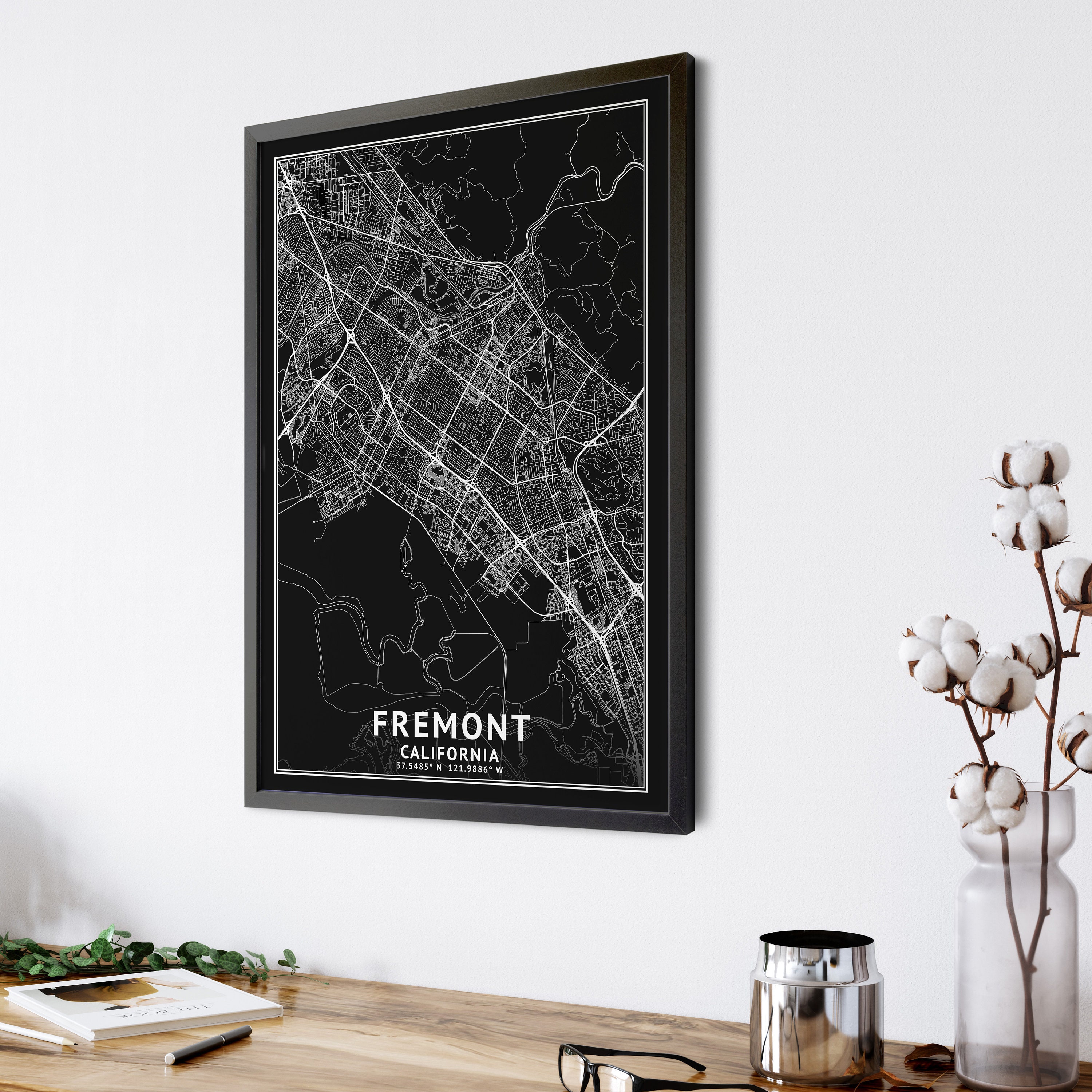 Fremont California Map, Black and White, Inverted, Coordinates, Map of ...