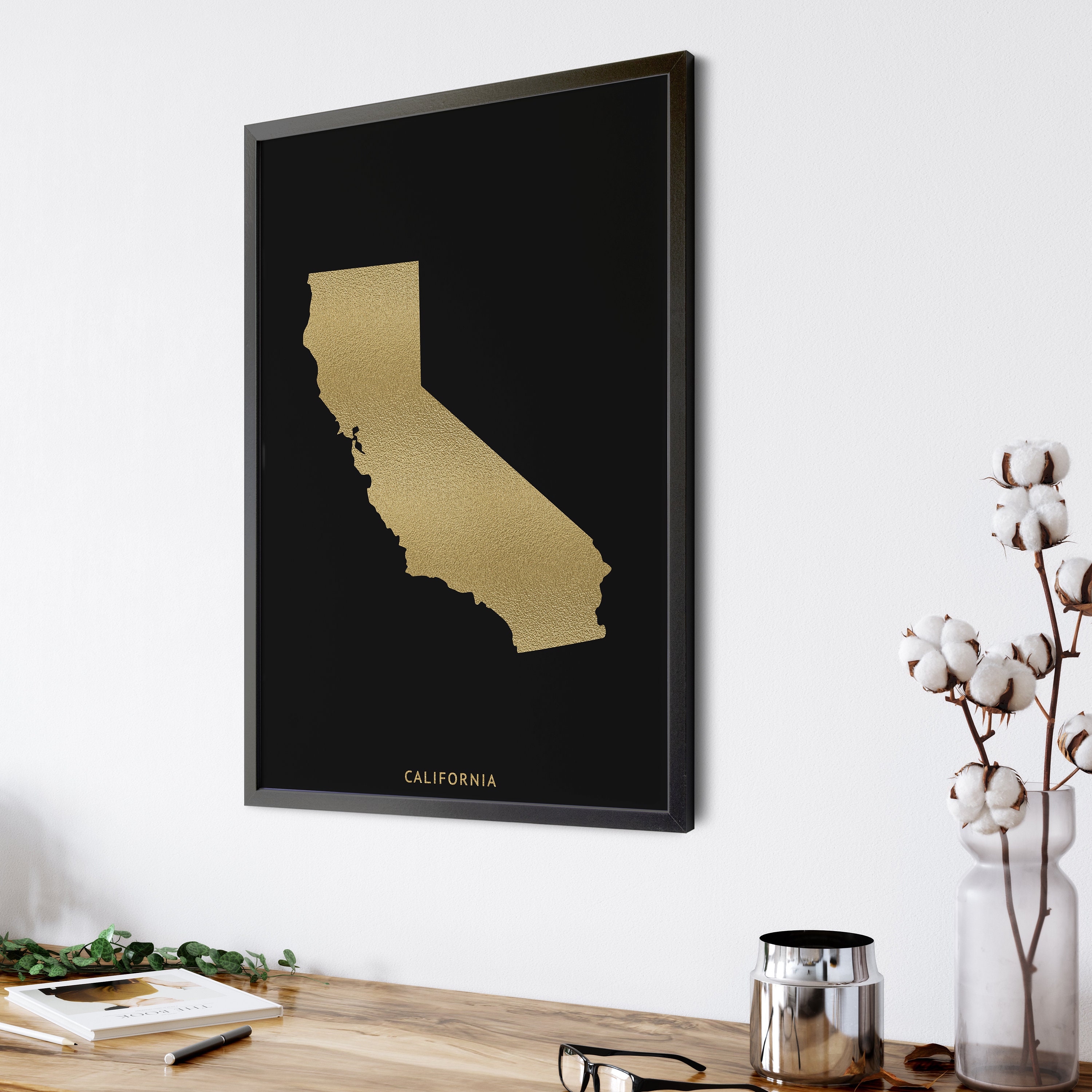 California Map, Black, Gold Foil Texture, Contemporary, Modern Map Art ...