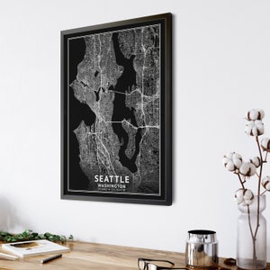Seattle Washington Map, Black and White, Invetred Black, Coordinates ...