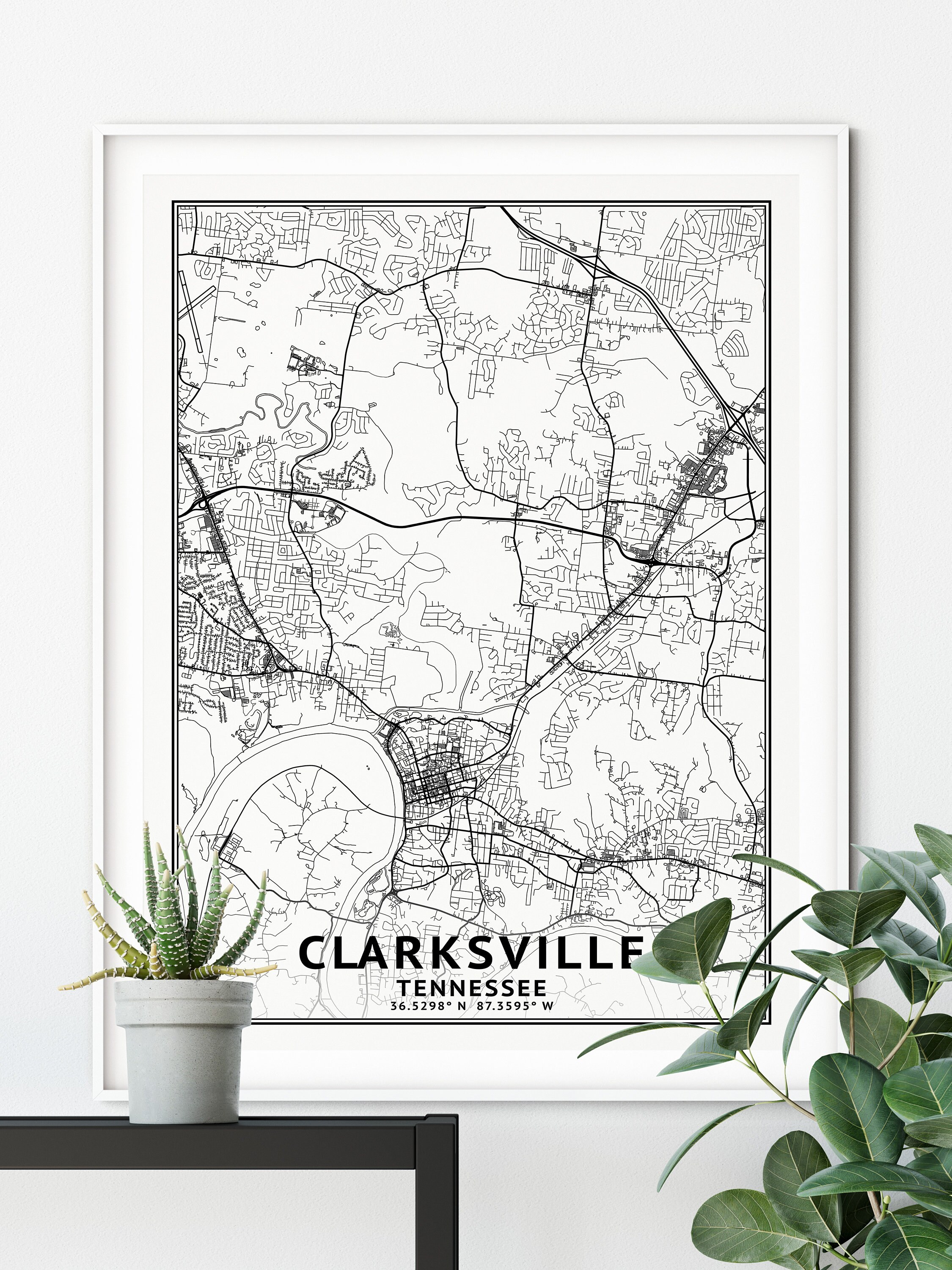 Clarksville Tennessee Map Black and White Coordinates Map - Etsy