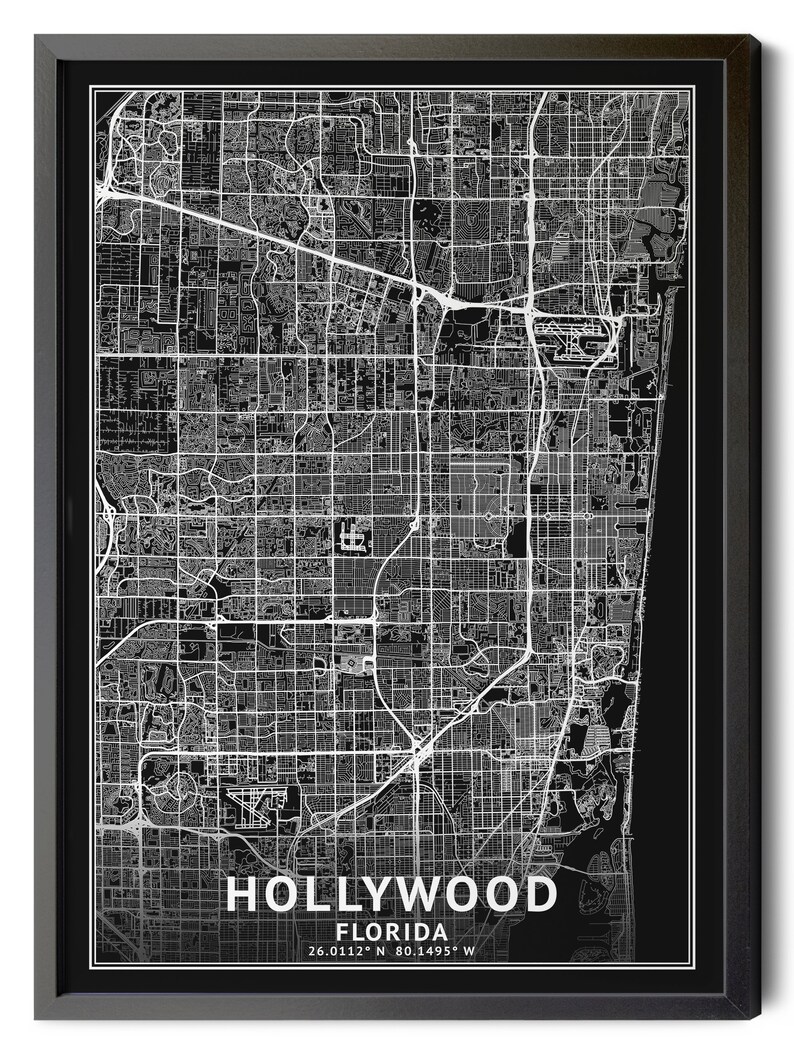 Hollywood Florida Map Black and White Inverted Coordinates - Etsy