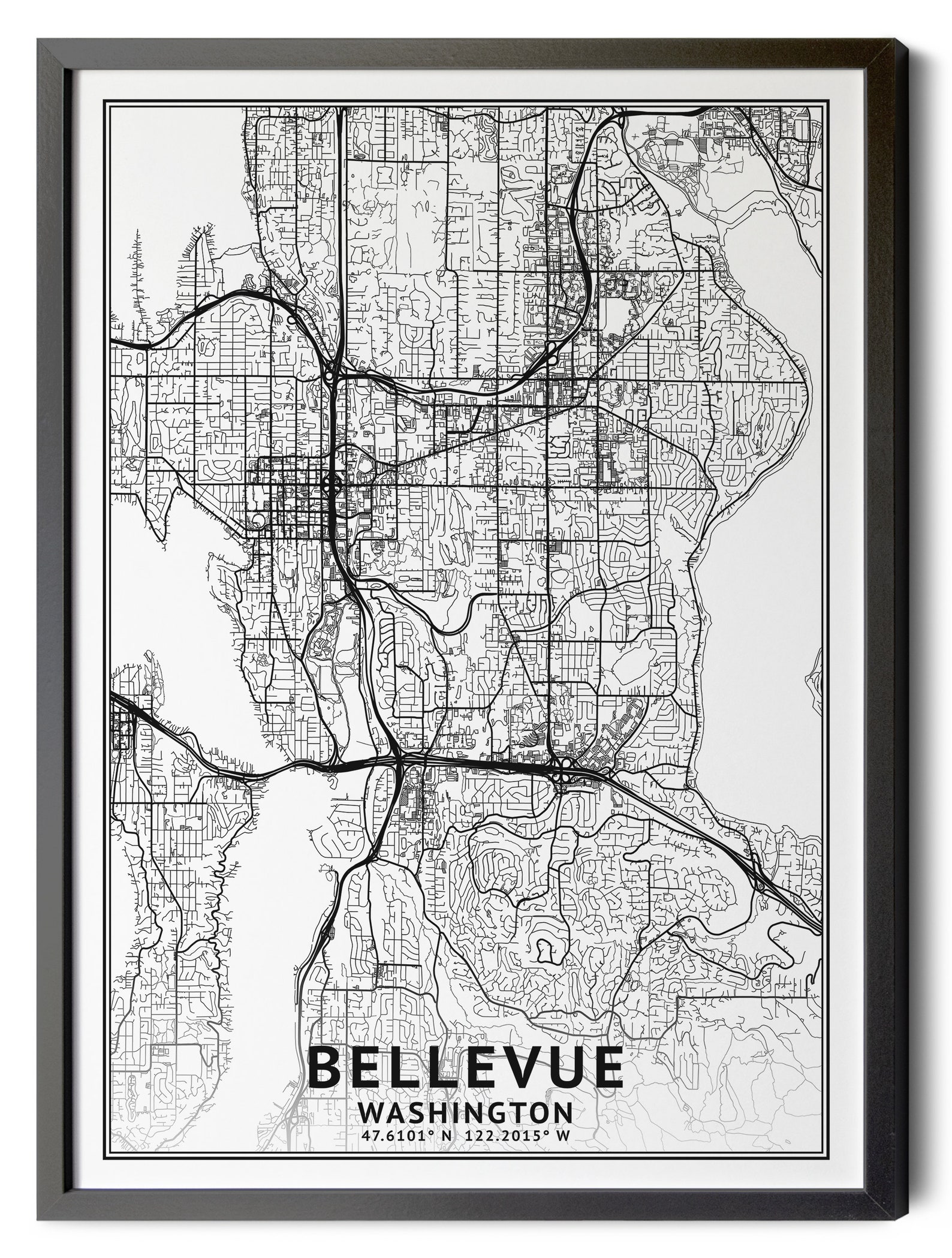 Bellevue Washington Map, Black and White, Coordinates, Map of Bellevue ...